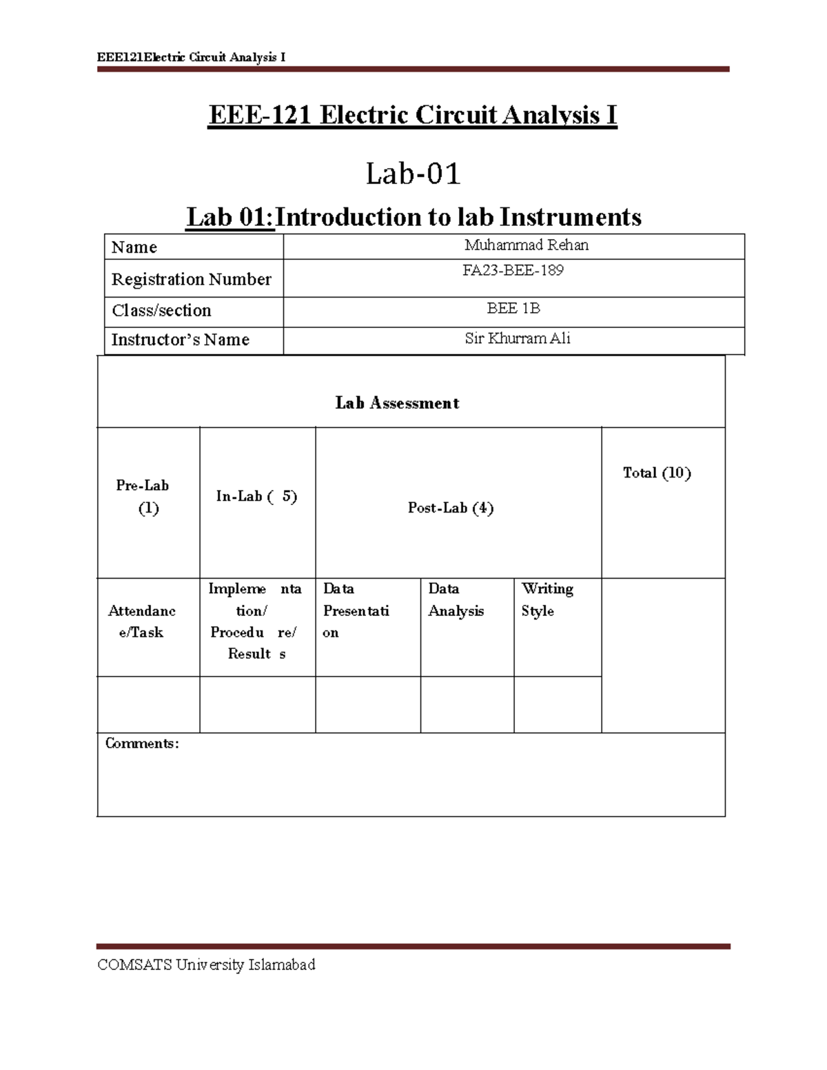Rehan Jabar - EEE-121 Electric Circuit Analysis I Lab- 01 Lab 01 ...