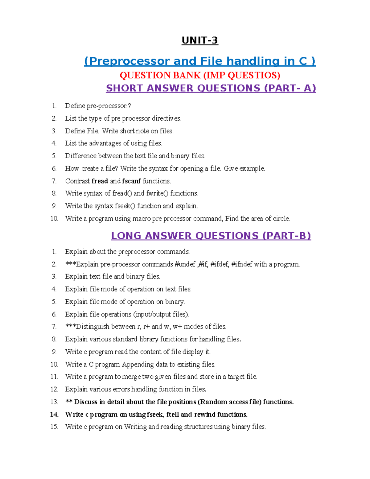 UNIT-3 PPS QB - notes - UNIT- (Preprocessor and File handling in C ...