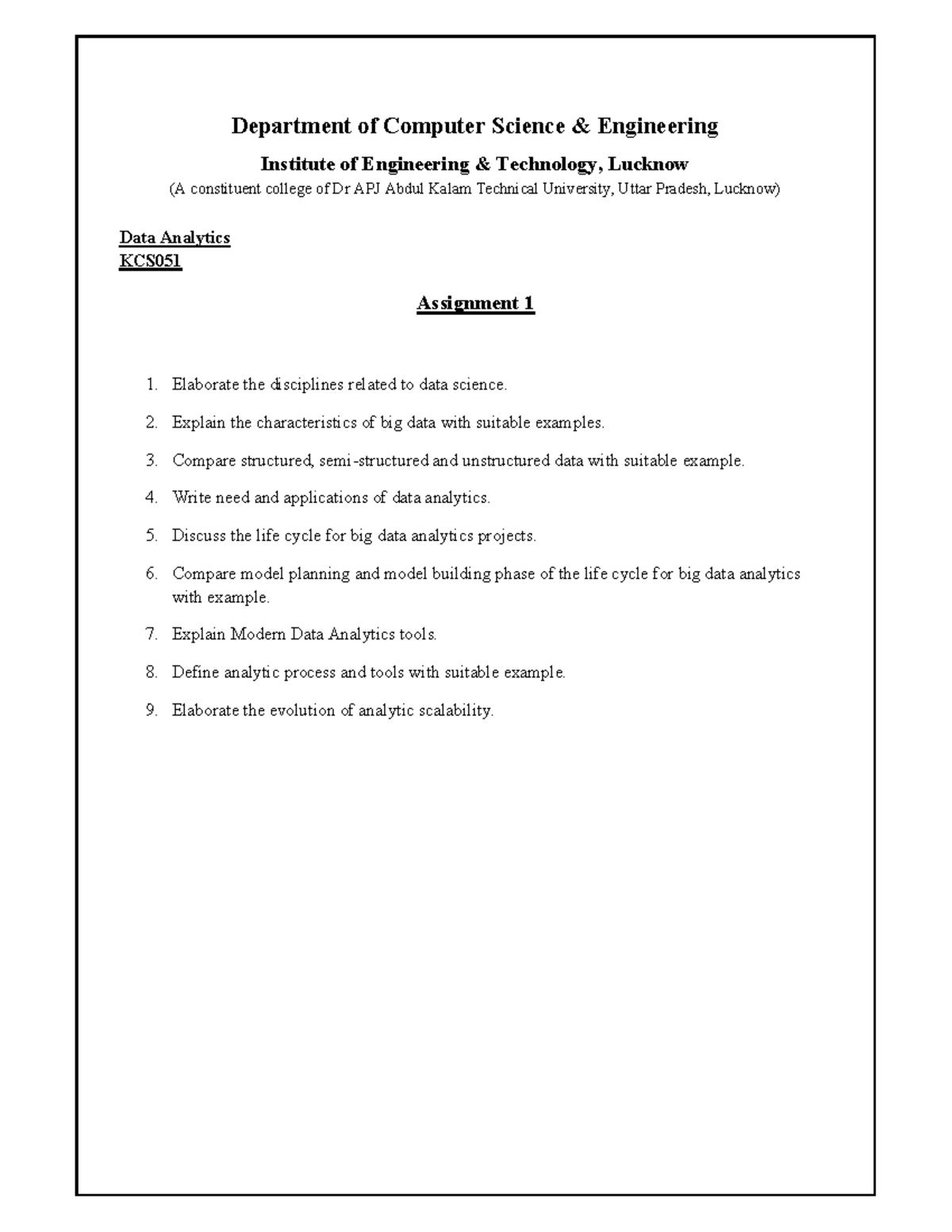 Data Analytics Assignment 1 1 Department Of Computer Science