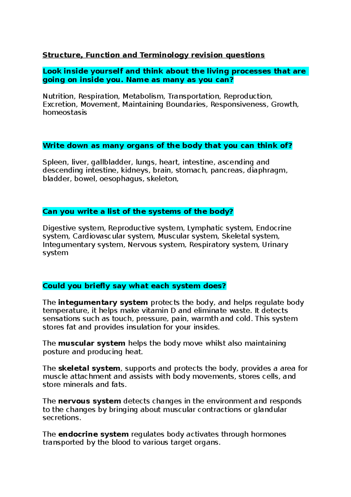 Structure, Function and Terminology revision questions and answers ...