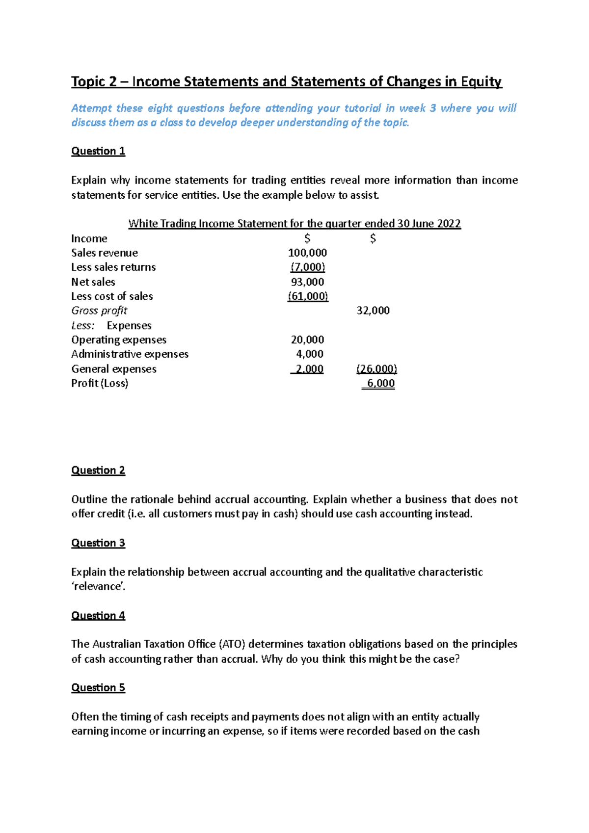WEEK 2 Topic 3 ACC1200 Tutorial - Topic 2 – Income Statements and ...