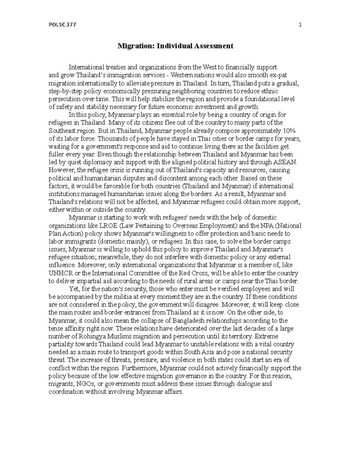 Migration Assessment - POLSC 377 1 Migration: Individual Assessment ...