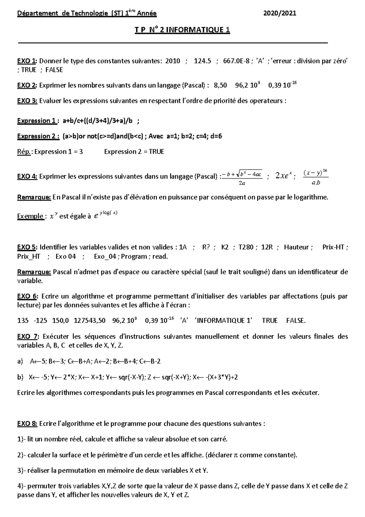 Série de TP n° 2 info 1 2020 2021 - Département de Technologie (ST) 1ère Année 2020/ T P No 2 ...