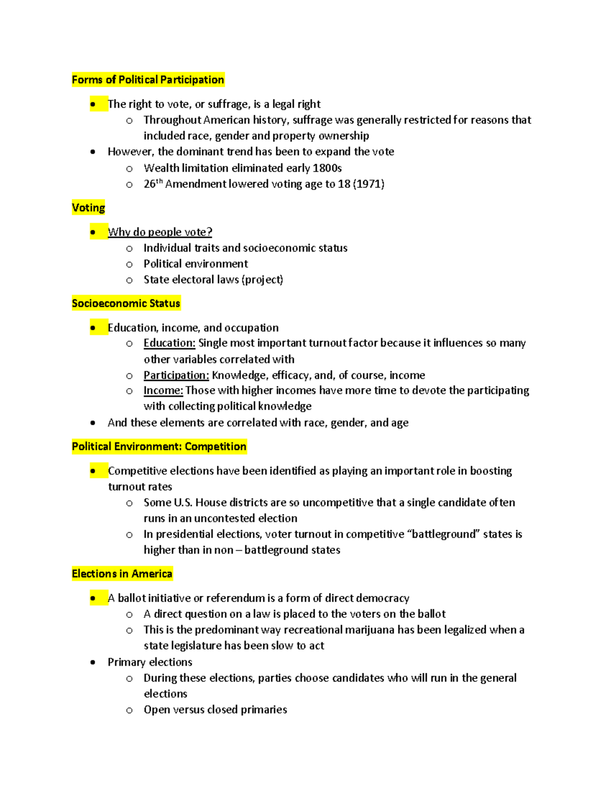 Chapter 7 Notes - Forms of Political Participation The right to vote ...