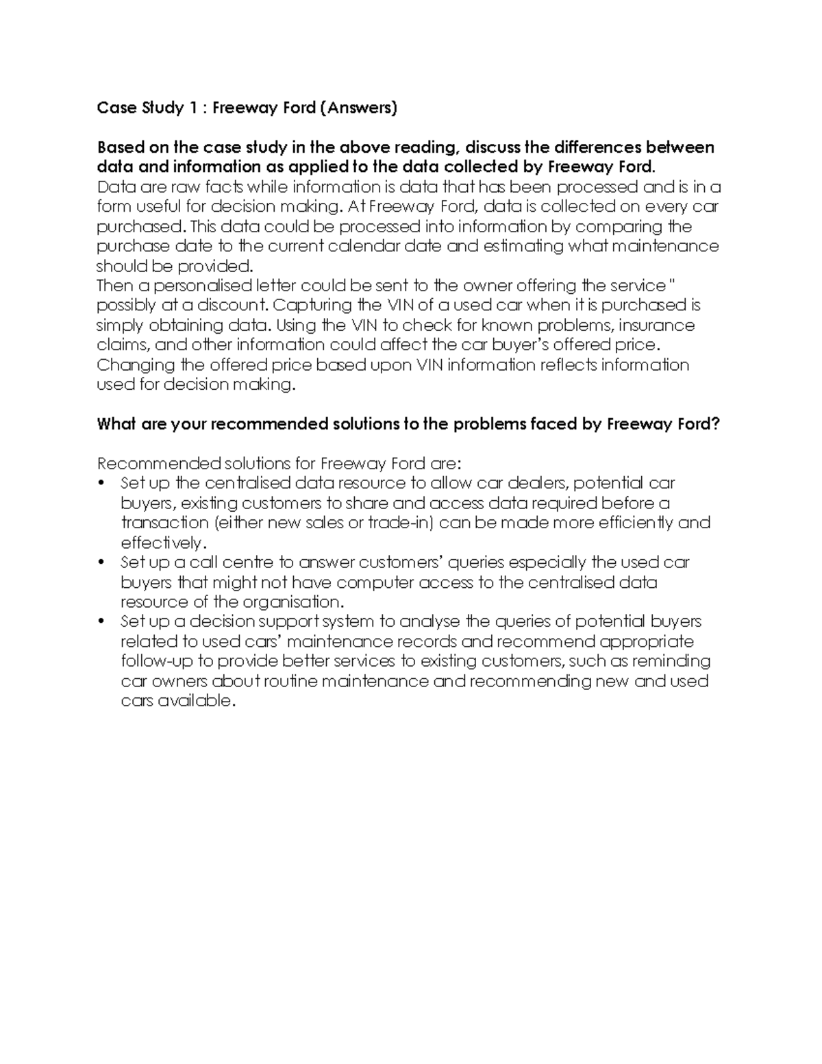 Case Study 1 Freeway Ford answer - Case Study 1 : Freeway Ford (Answers ...