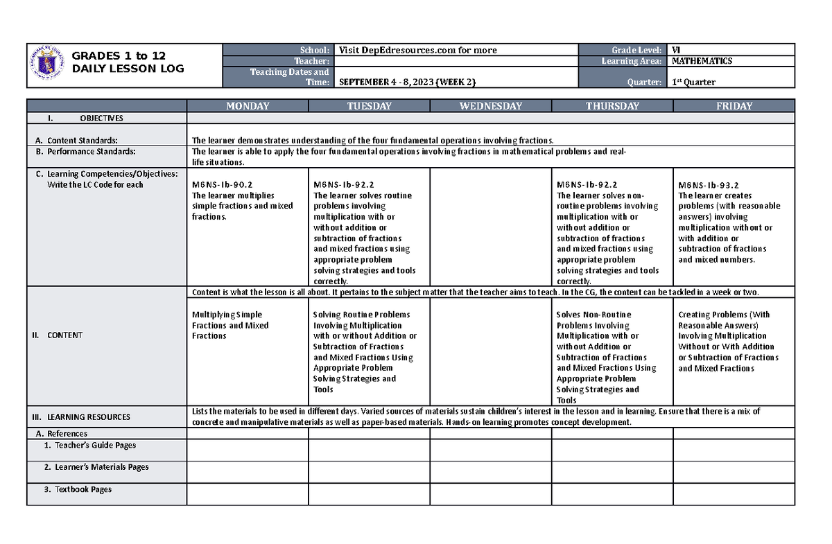 DLL Mathematics 6 Q1 W2 - dll - GRADES 1 to 12 DAILY LESSON LOG School ...