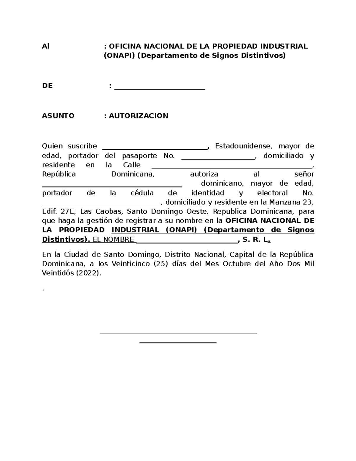 Modelo carta a onapi - Al : OFICINA NACIONAL DE LA PROPIEDAD INDUSTRIAL ...