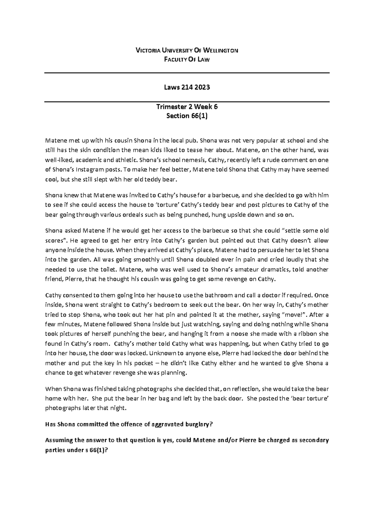 Tutorials for Tri 2 Week 6 - s 66 - VICTORIA UNIVERSITY OF WELLINGTON FACULTY OF LAW Laws 214 ...