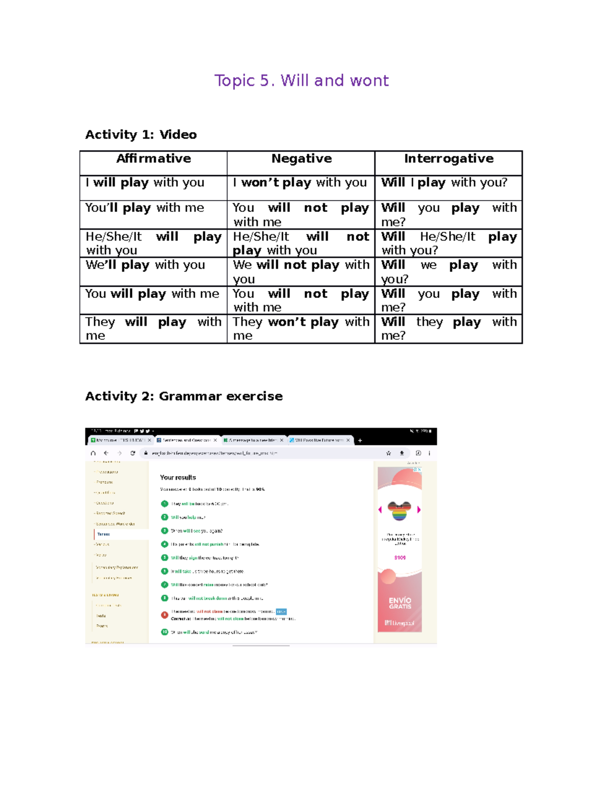 Exercise 5 Ingles 3 - Workshop inglés 3 - Topic 5. Will and wont ...
