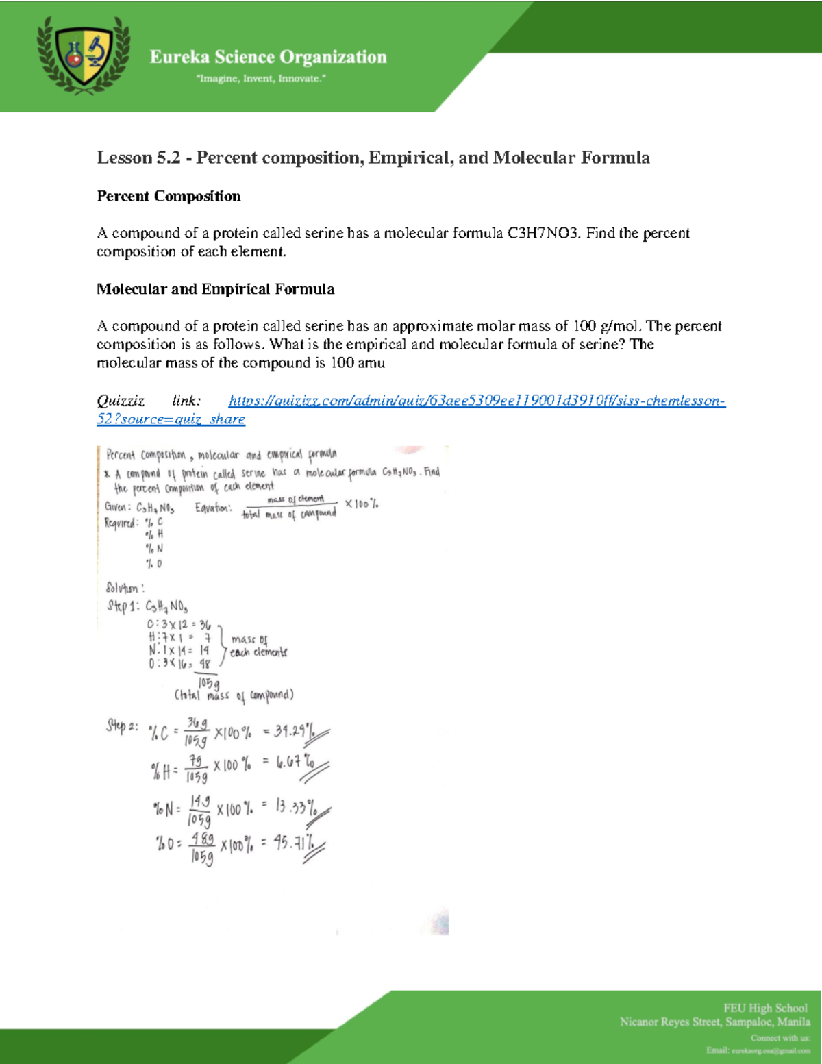 SISS Chemistry-Finals-Reviewer - Lesson 5 - Percent composition ...