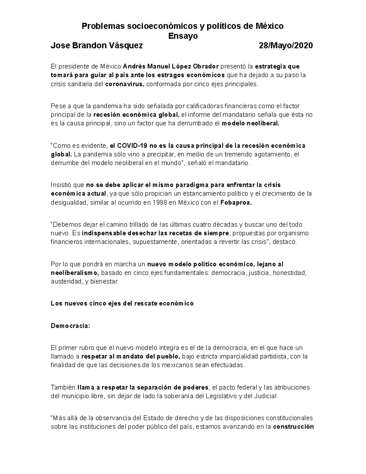 Ensayo Jose Brandon Vasquez - Problemas socioeconómicos y políticos de ...