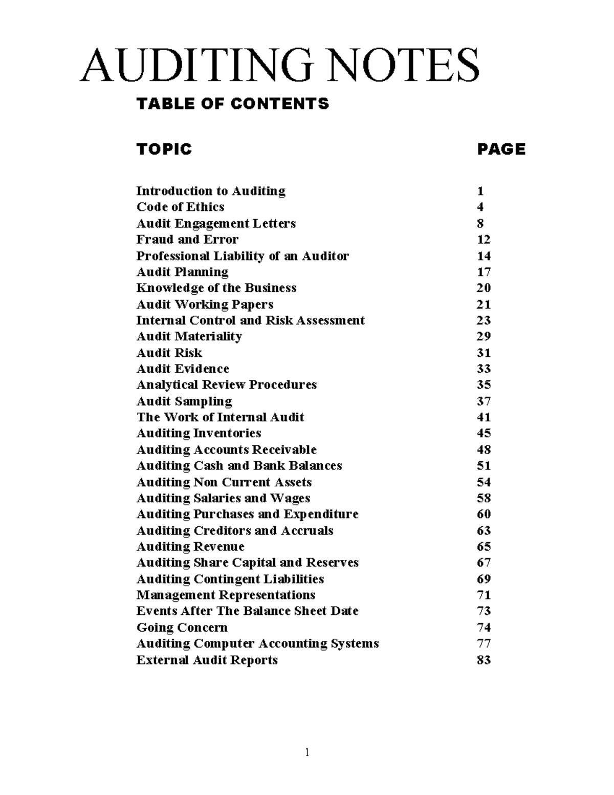 Auditing Notes - AUDITING NOTES TABLE OF CONTENTS Introduction to ...