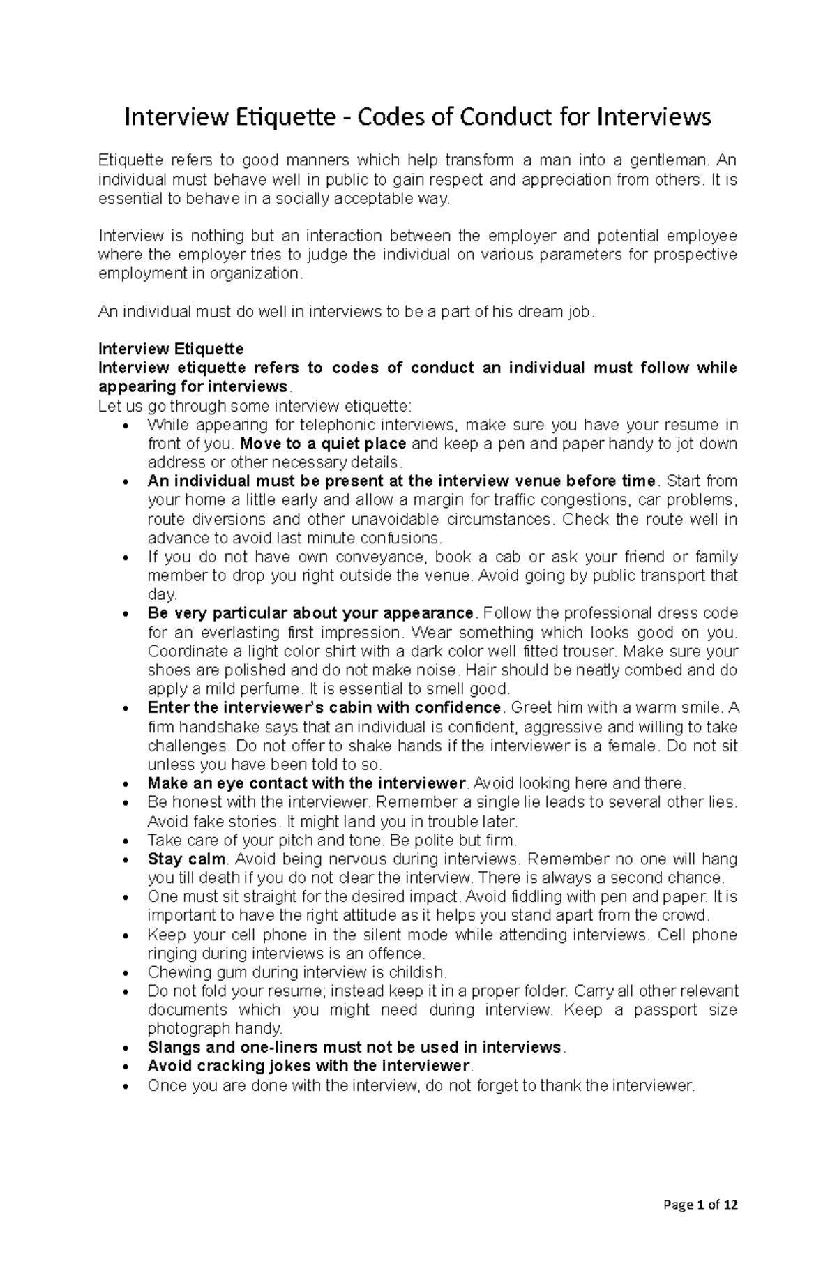 Module 3 Corporate Etiquette Part 2 - Interview Etiquette - Codes of ...