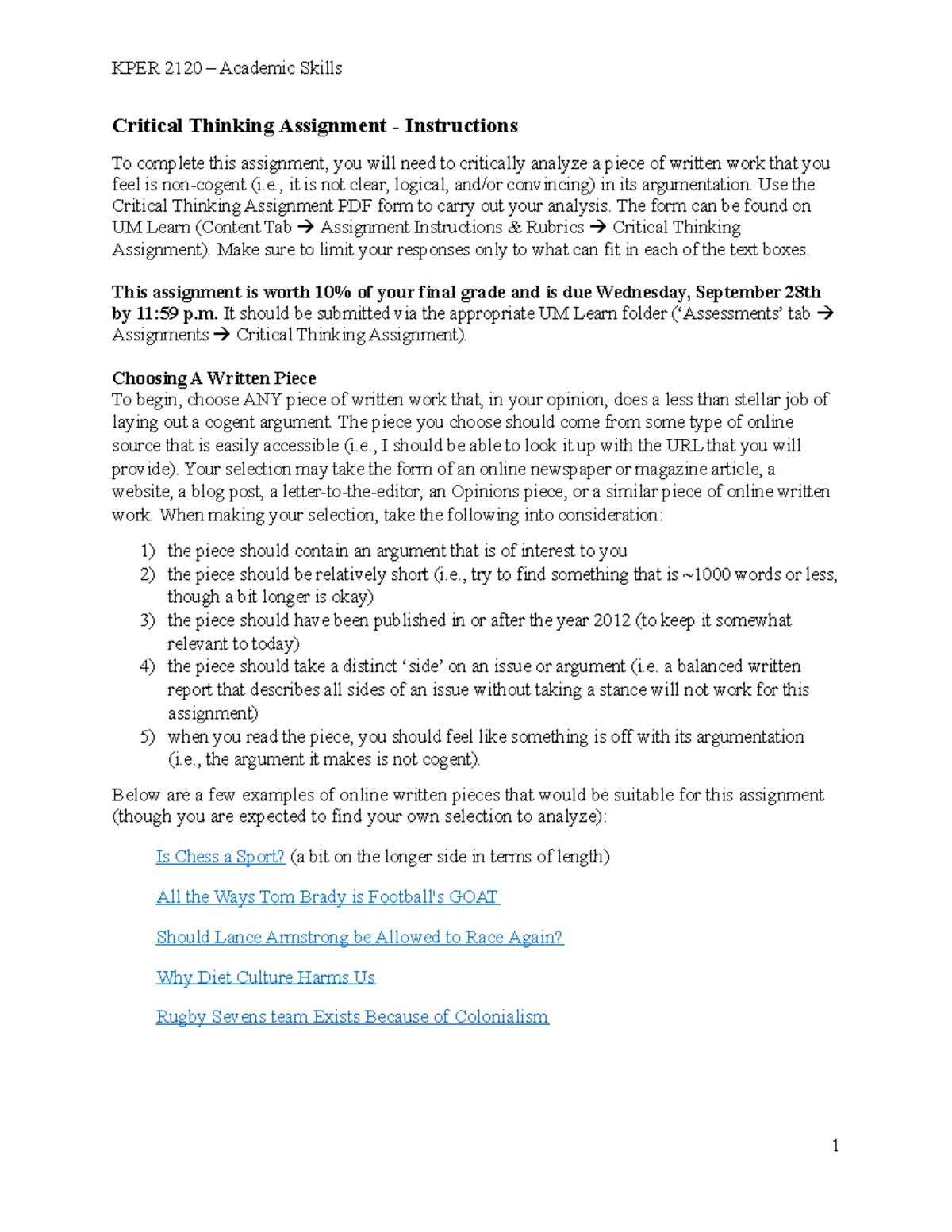 KPER 2120 - Critical Thinking Assignment - Instructions - KPER 2120 ...