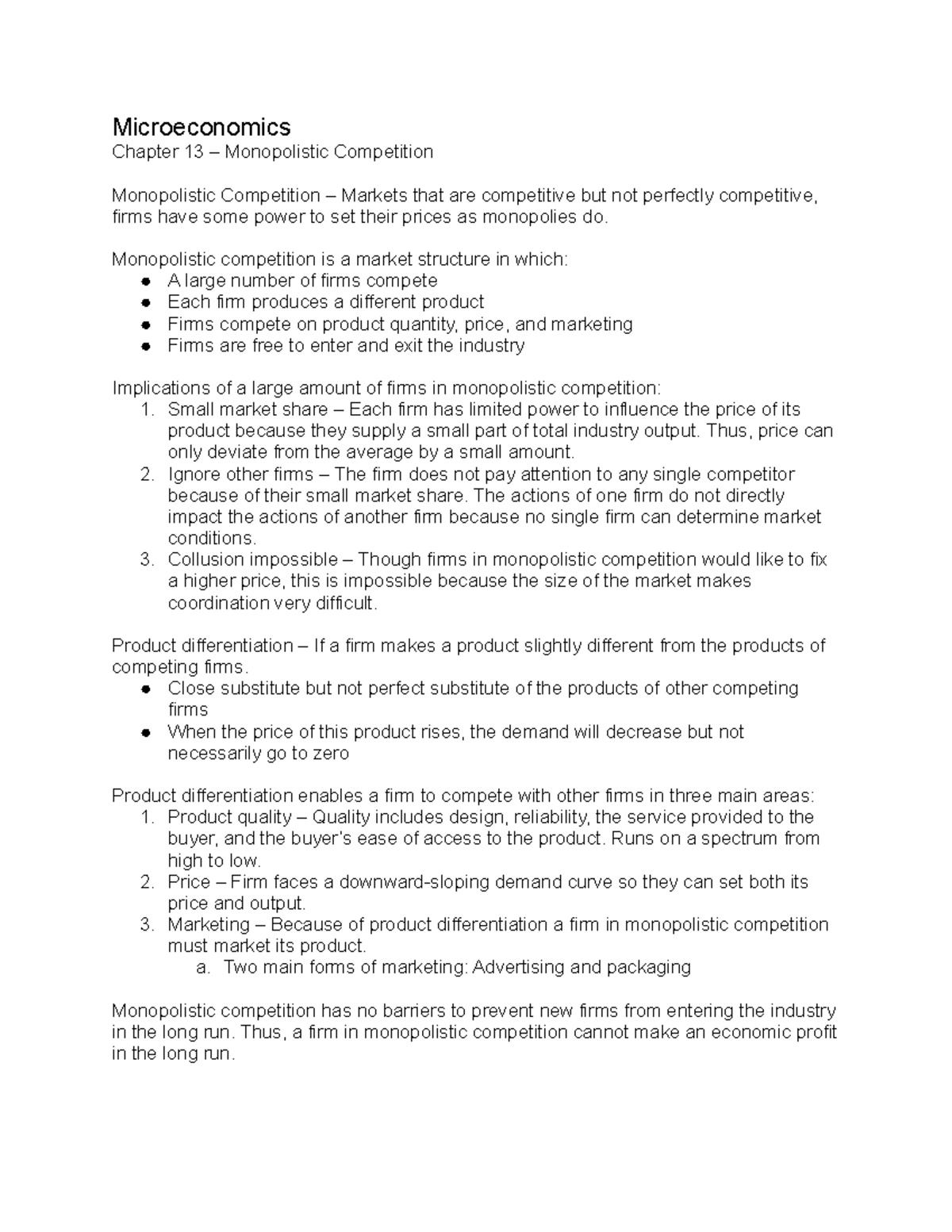 Chapter 13 (Monopolistic Competition) Lecture/Textbook Notes - ECO1021 ...