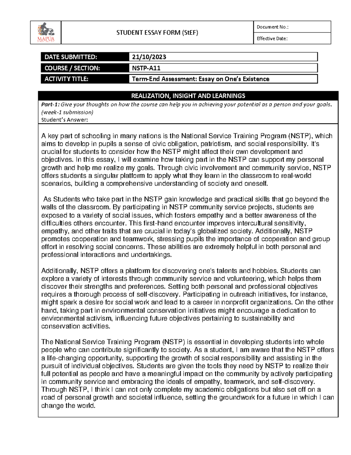 Form - NSTP100 Term-End Assessment - Essay on One's Existence - STUDENT ...