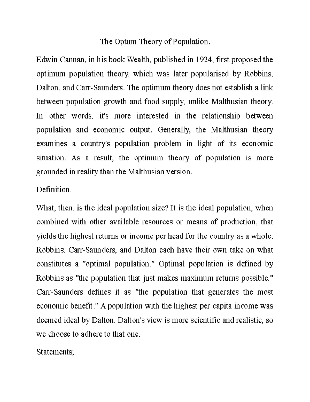 The Optum Theory of Population - Population Studies - AMU - Studocu