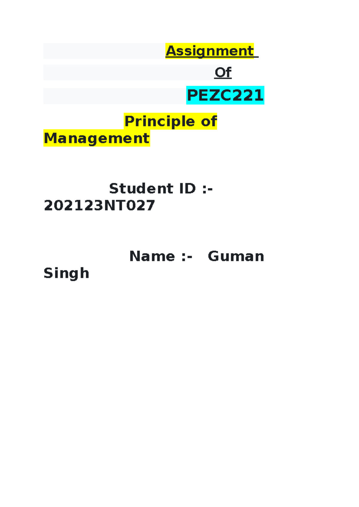 Assignment POM - Assignment Of PEZC Principle of Management Student ID ...