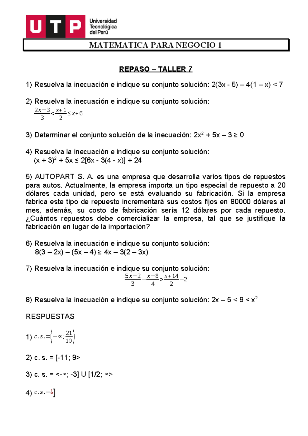 Repaso-Taller 7 - repaso de matematicas 1 - MATEMATICA PARA NEGOCIO 1 ...