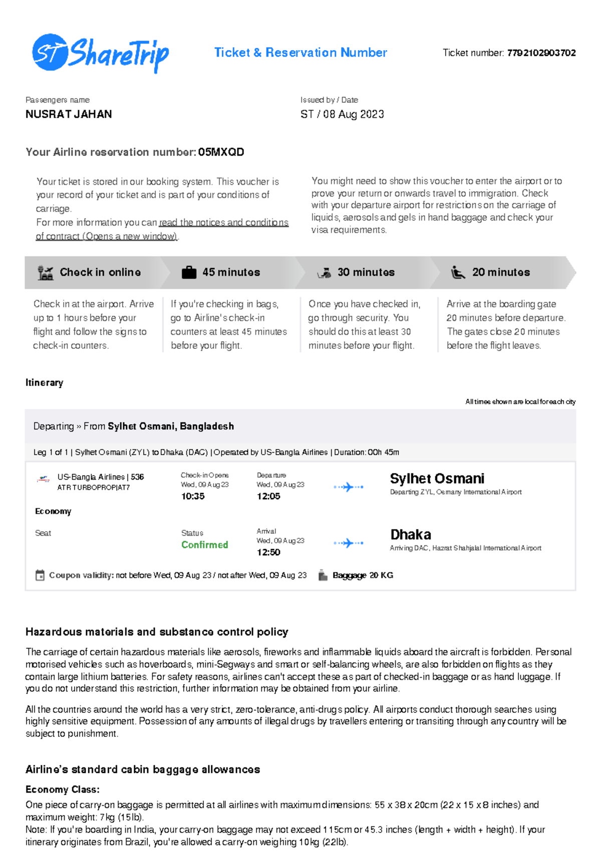 Nusrat- Jahan-7792102903702 - Ticket & Reservation Number Ticket number: 7792102903702 - Studocu
