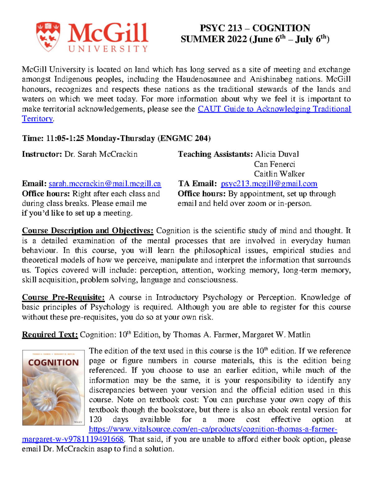 Psyc213 syllabus Summer 2022 - PSYC 213 – COGNITION SUMMER 2022 (June 6th – July 6th) McGill ...