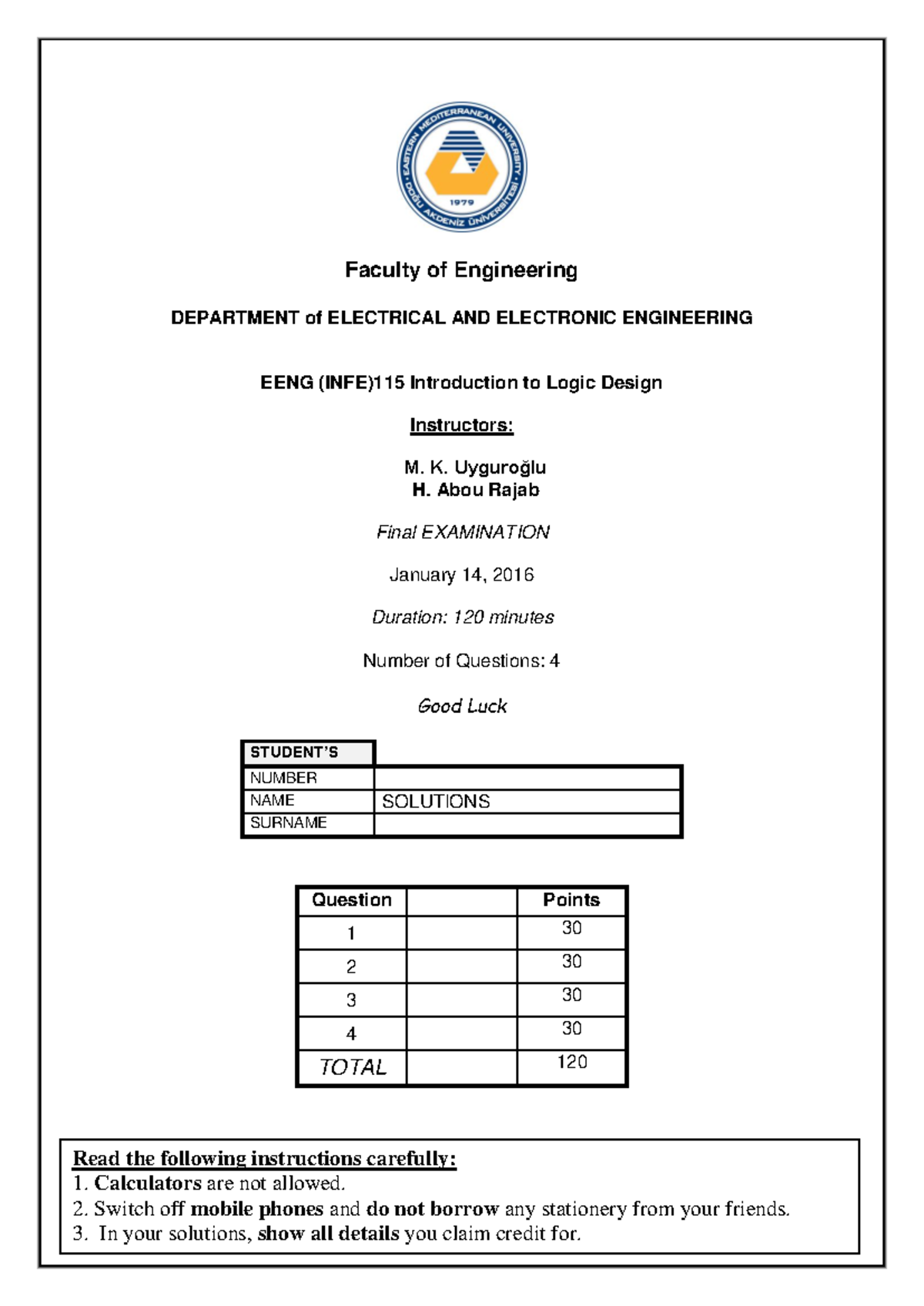 EENG(INFE)115 Final Exam-Solution - Faculty of Engineering DEPARTMENT of ELECTRICAL AND ...