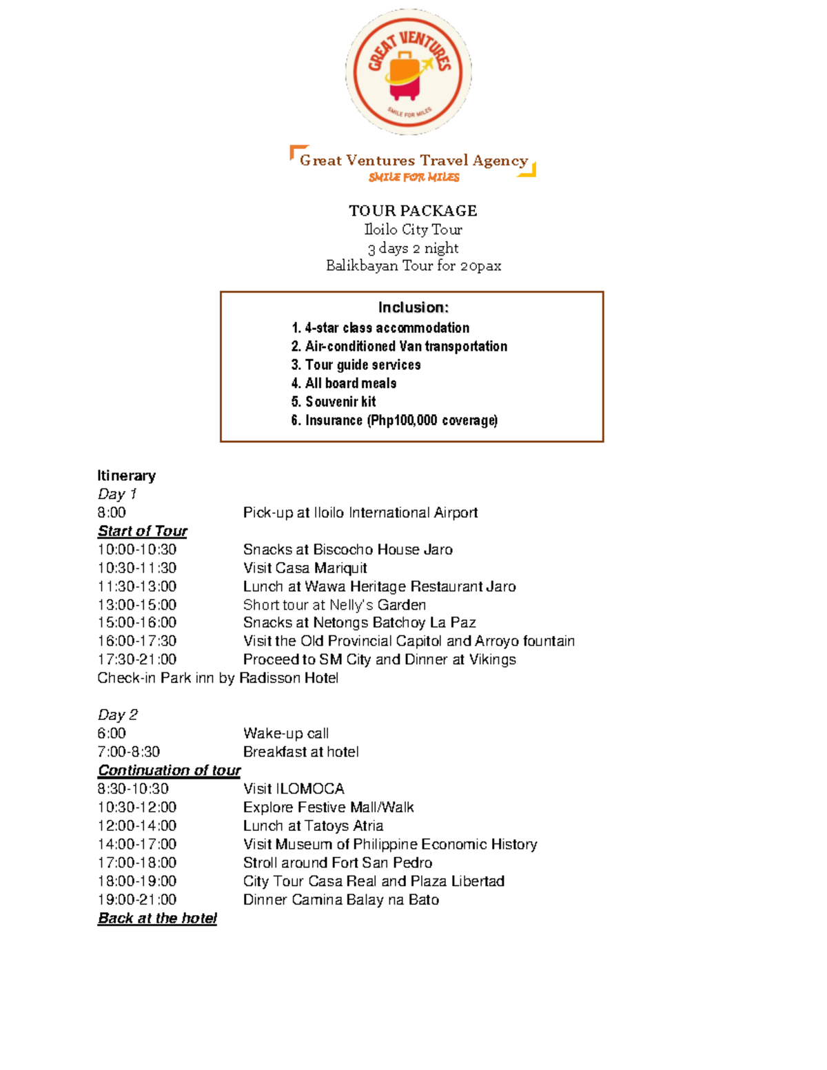 Group 3 TOUR Package - Great Ventures Travel Agency SMILE FOR MILES ...