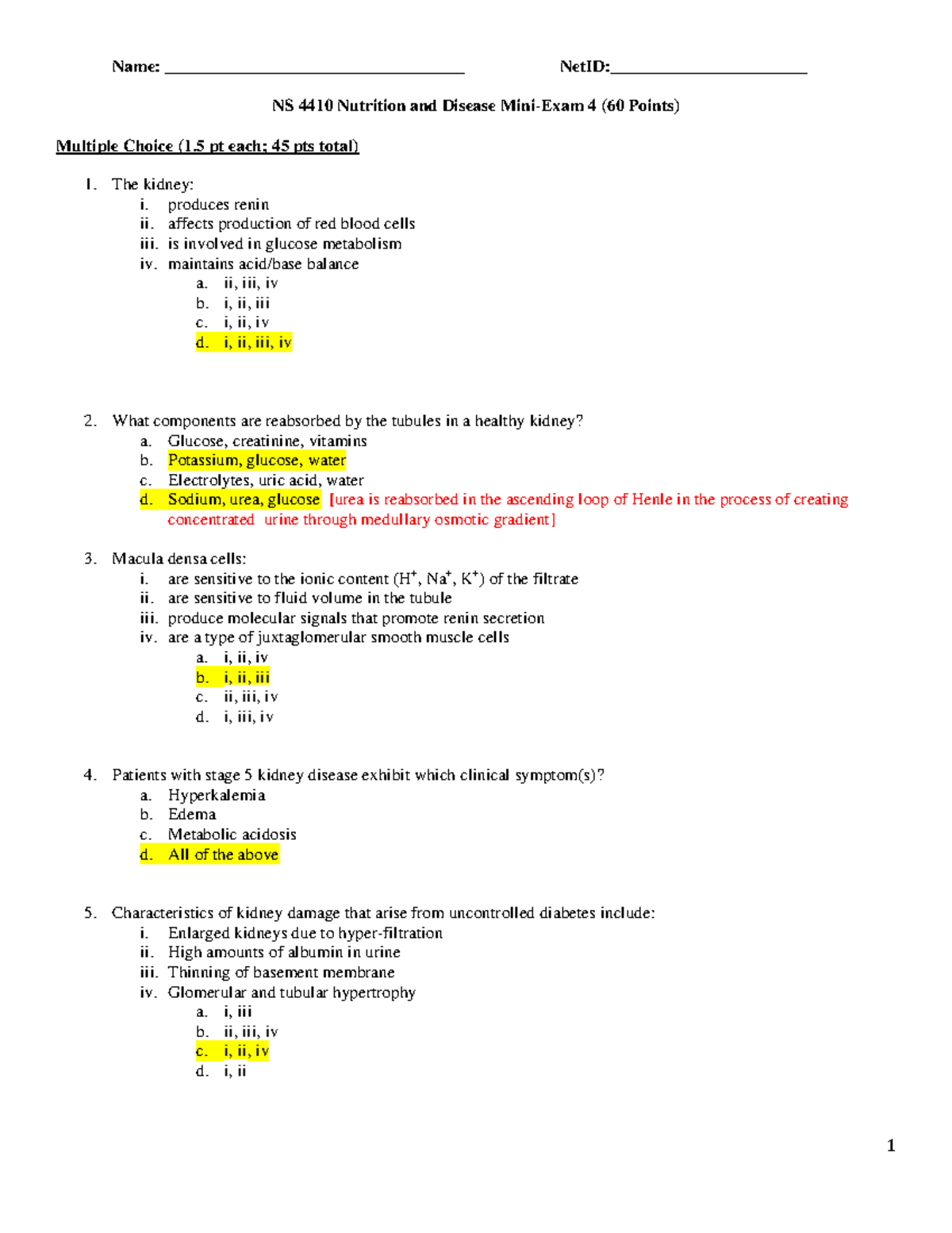 Mini-Exam Key 4 - quiz 4 questions and answer key - Name