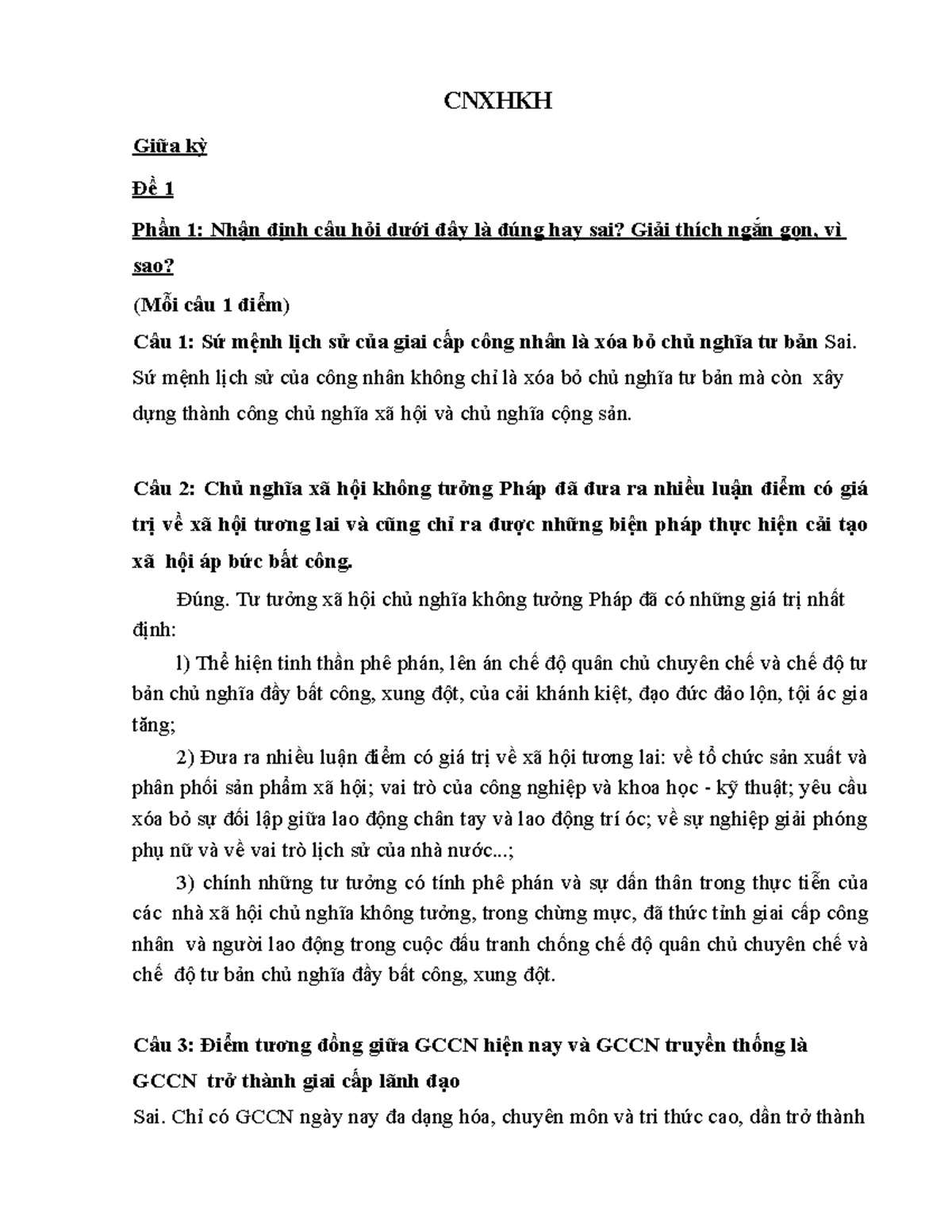 ĐỀ- Cnxhkh-FULL - Đề ôn tập - CNXHKH Giữa kỳ Đề 1 Phần 1: Nhận định câu hỏi dưới đây là đúng hay ...