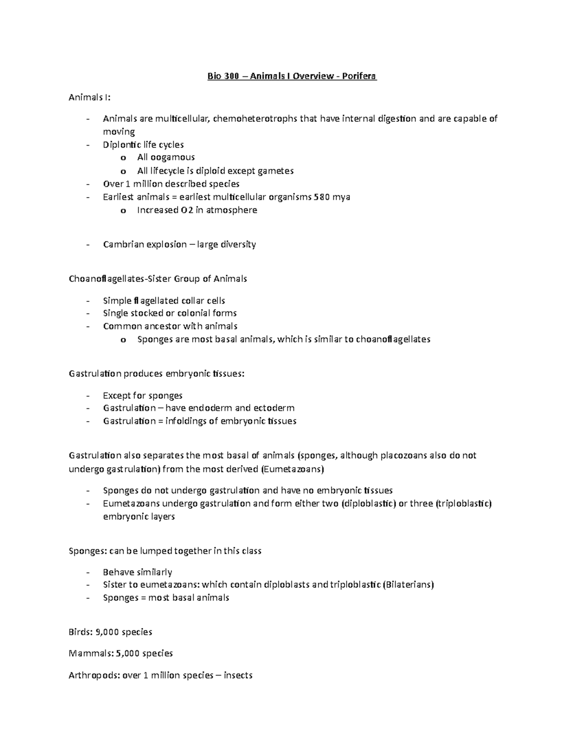 Bio 300 – Animals I Overview - Porifera - Bio 300 – Animals I Overview ...