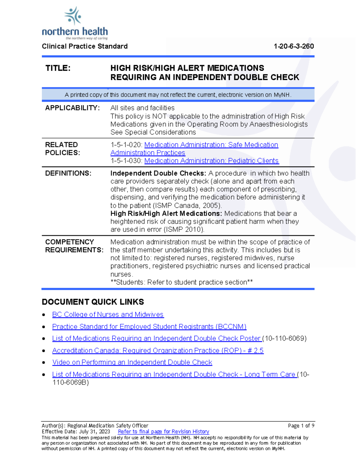 High Risk Medication - Clinical Practice Standard 1 - 20 - 6 - 3 - 260 ...