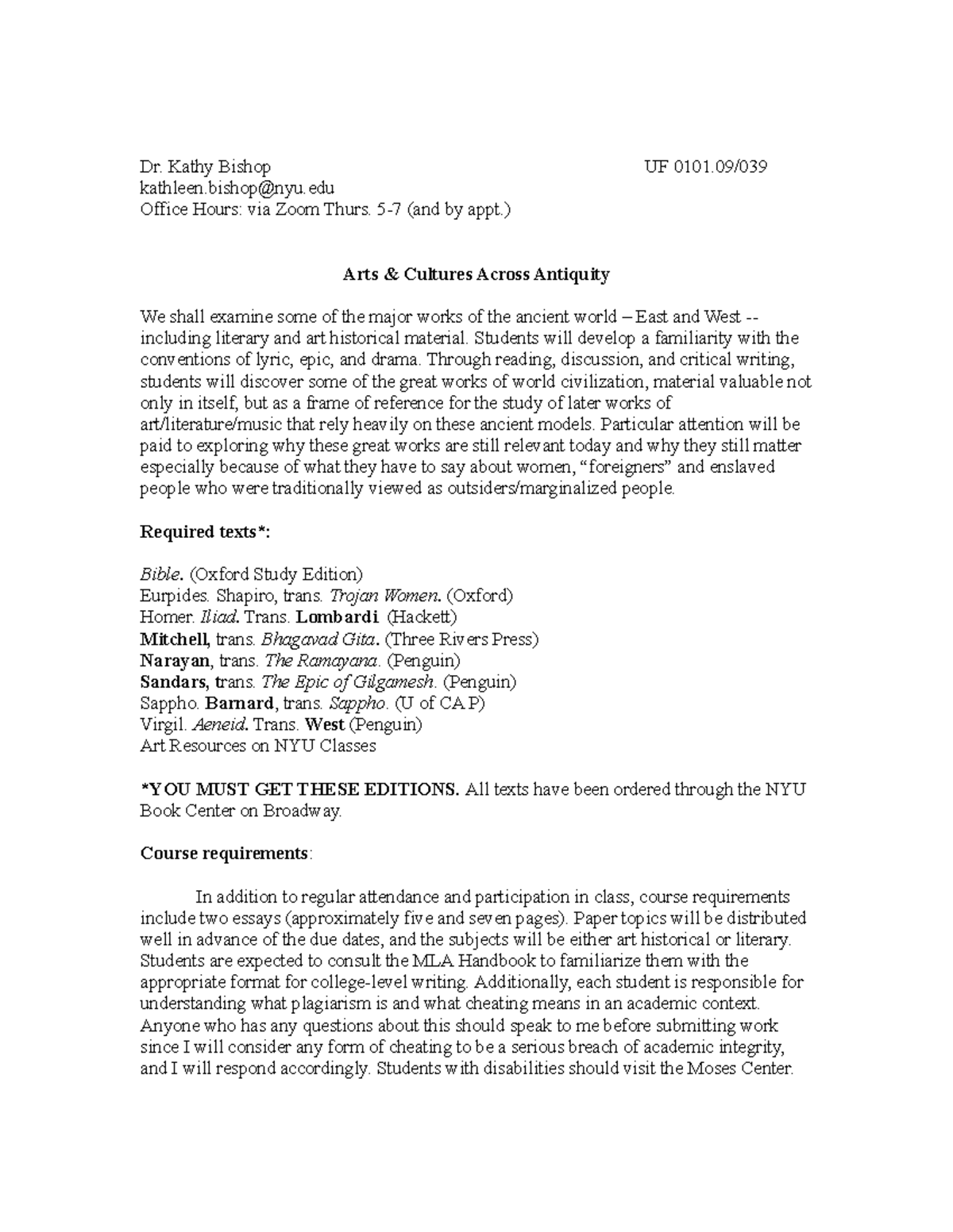 ACA Syllabus-Fall 2022 - Dr. Kathy Bishop UF 0101/ kathleen@nyu Office ...