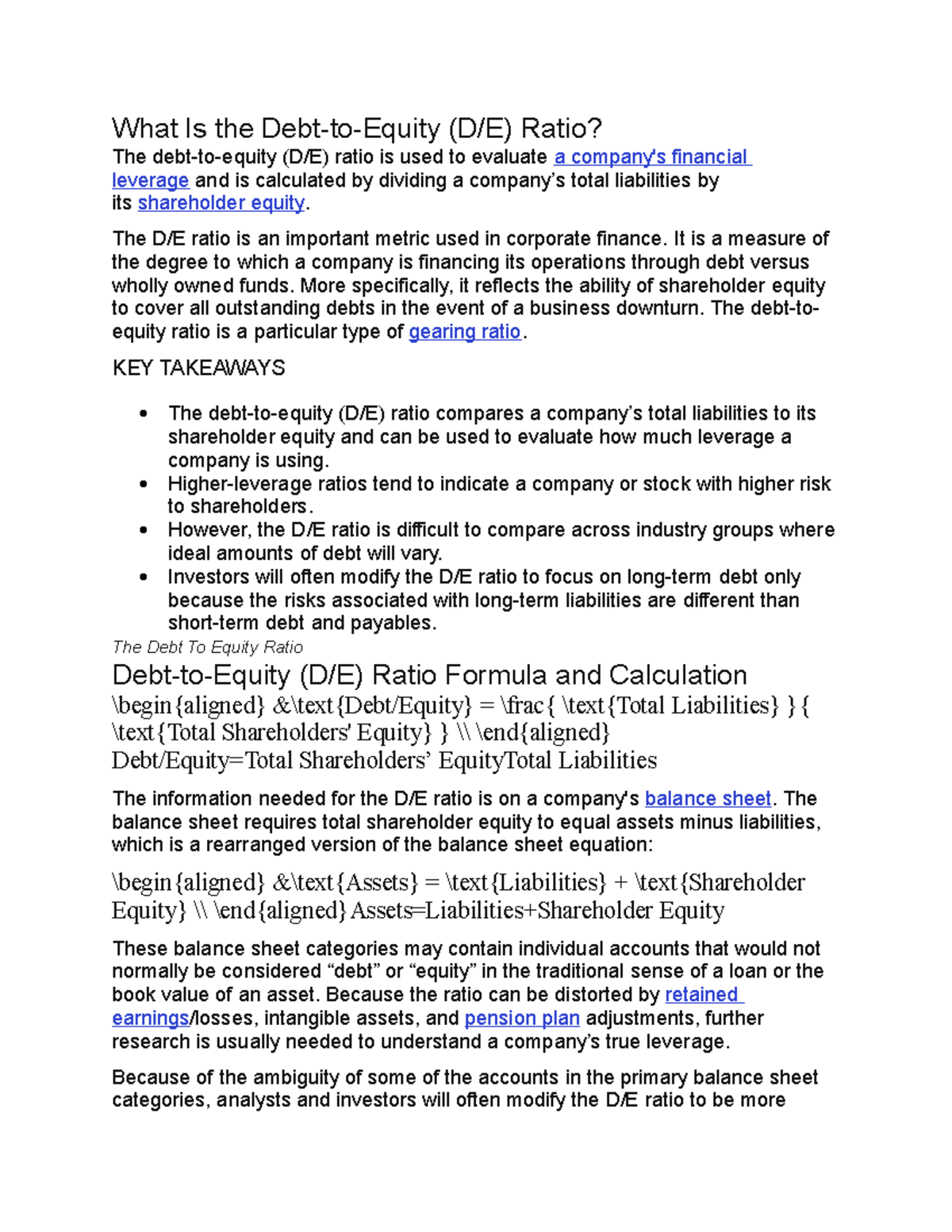 Financial Ratio Notes - What Is the Debt-to-Equity (D/E) Ratio? The ...