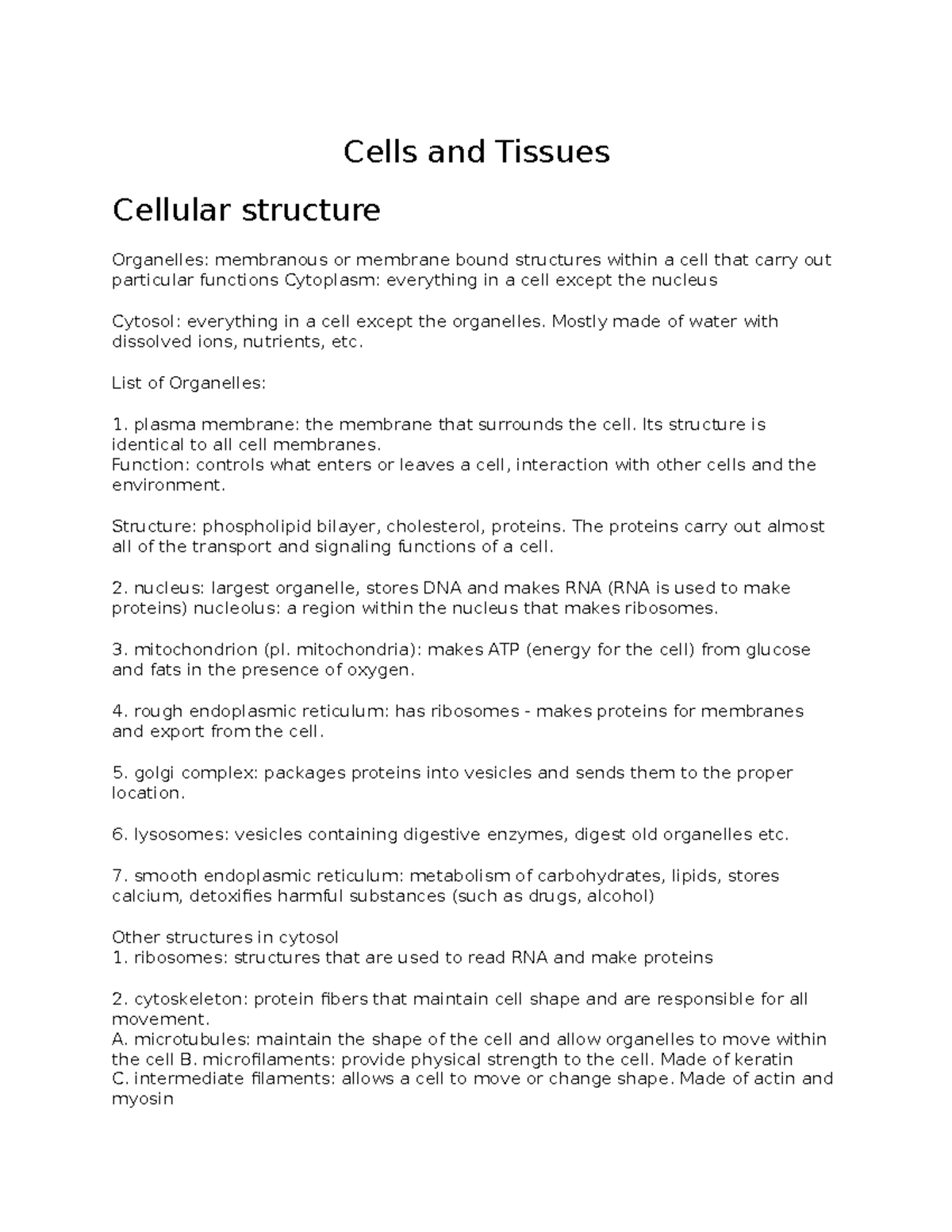 Cells and Tissues - Notes - Cells and Tissues Cellular structure ...