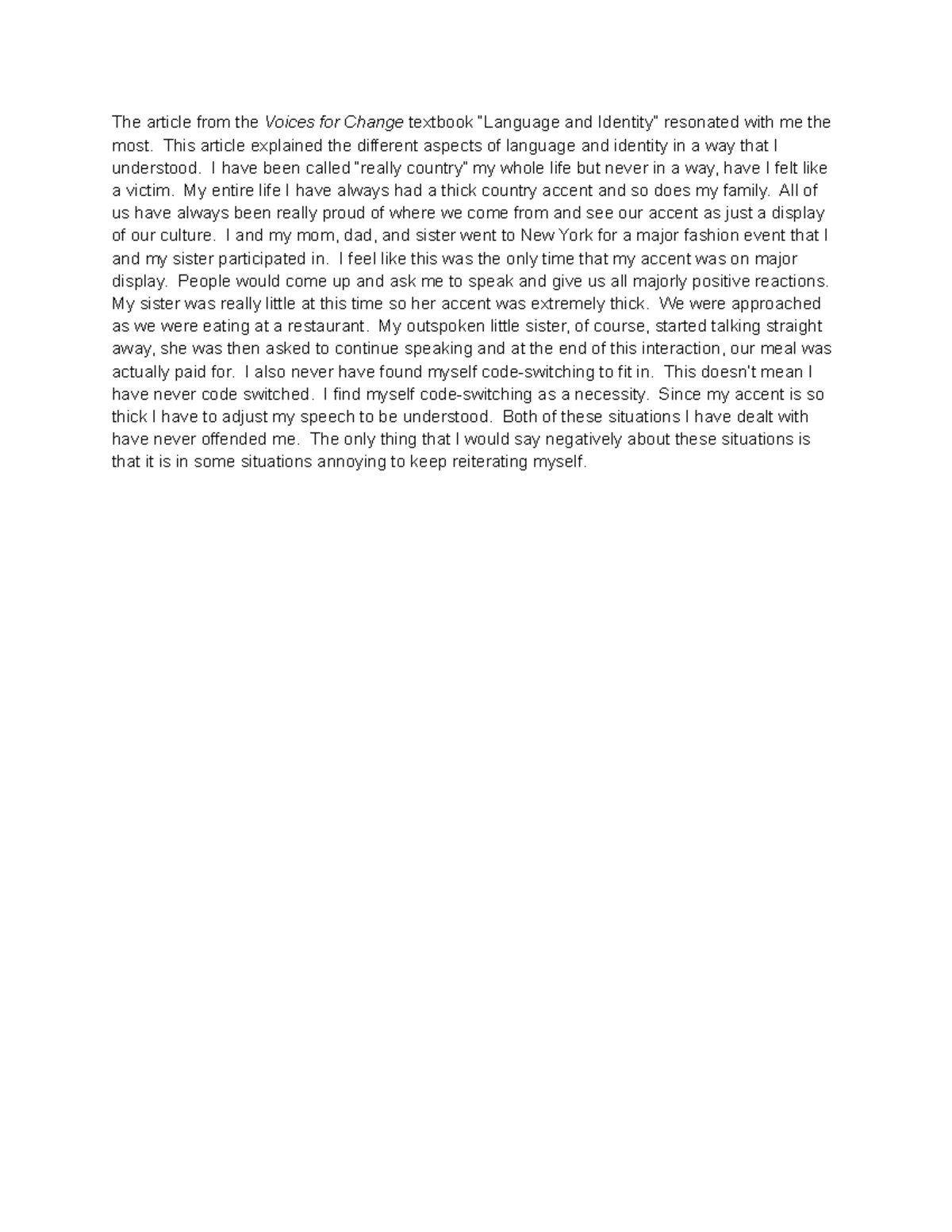 Reading Response week 4 - The article from the Voices for Change ...