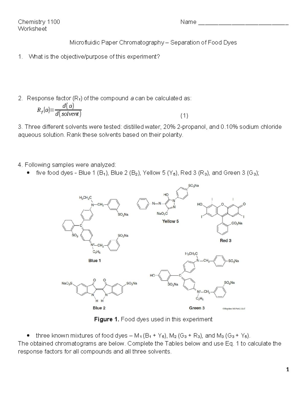 Worksheet -Microfluidic Paper Chromatography - Chemistry 1100 Name