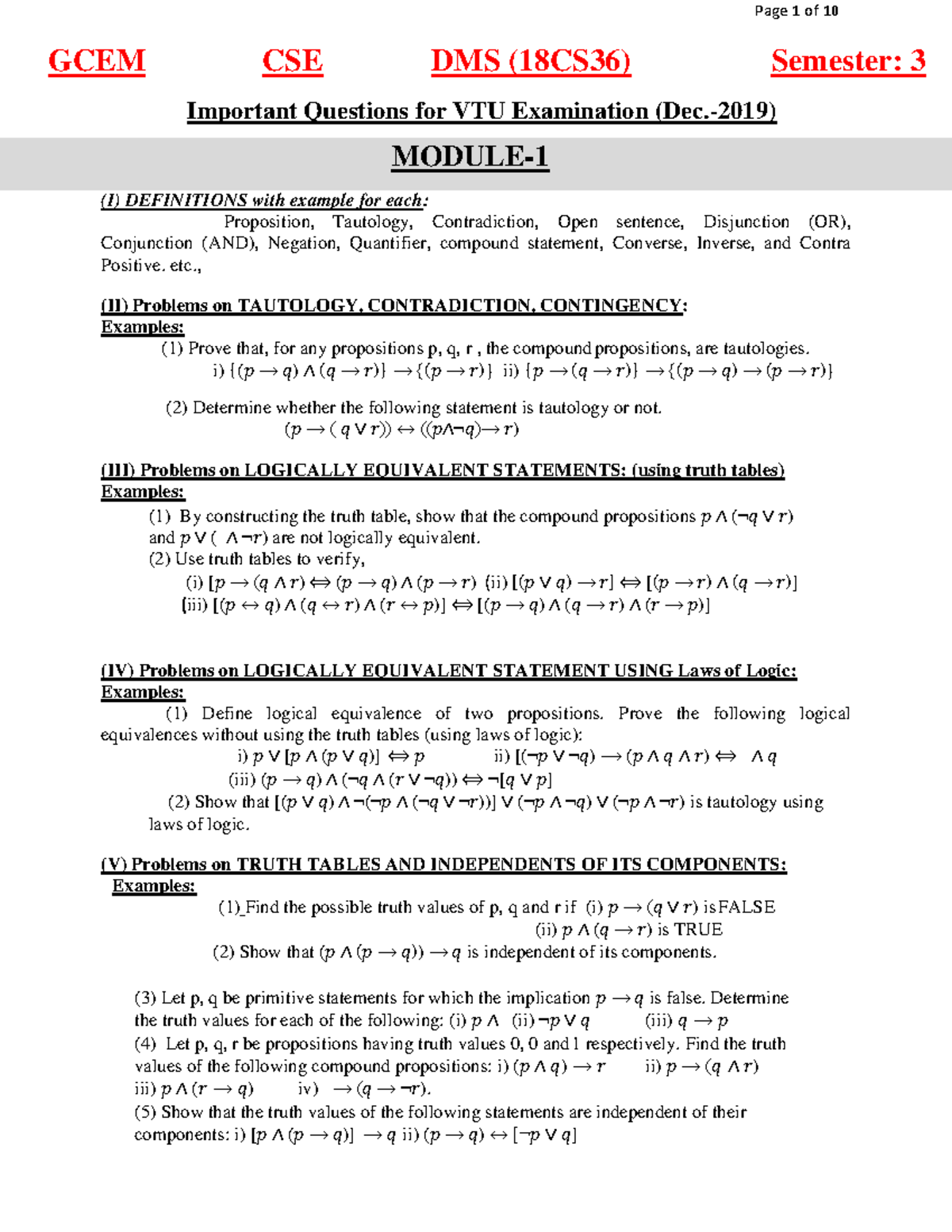 DMS IMP QS@Az Documents - GCEM CSE DMS (18CS36) Semester: 3 Important Questions for VTU ...