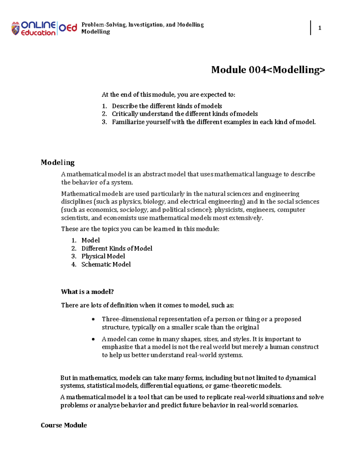 Module 4 Modelling - Notes - Problem-Solving, Investigation, and ...