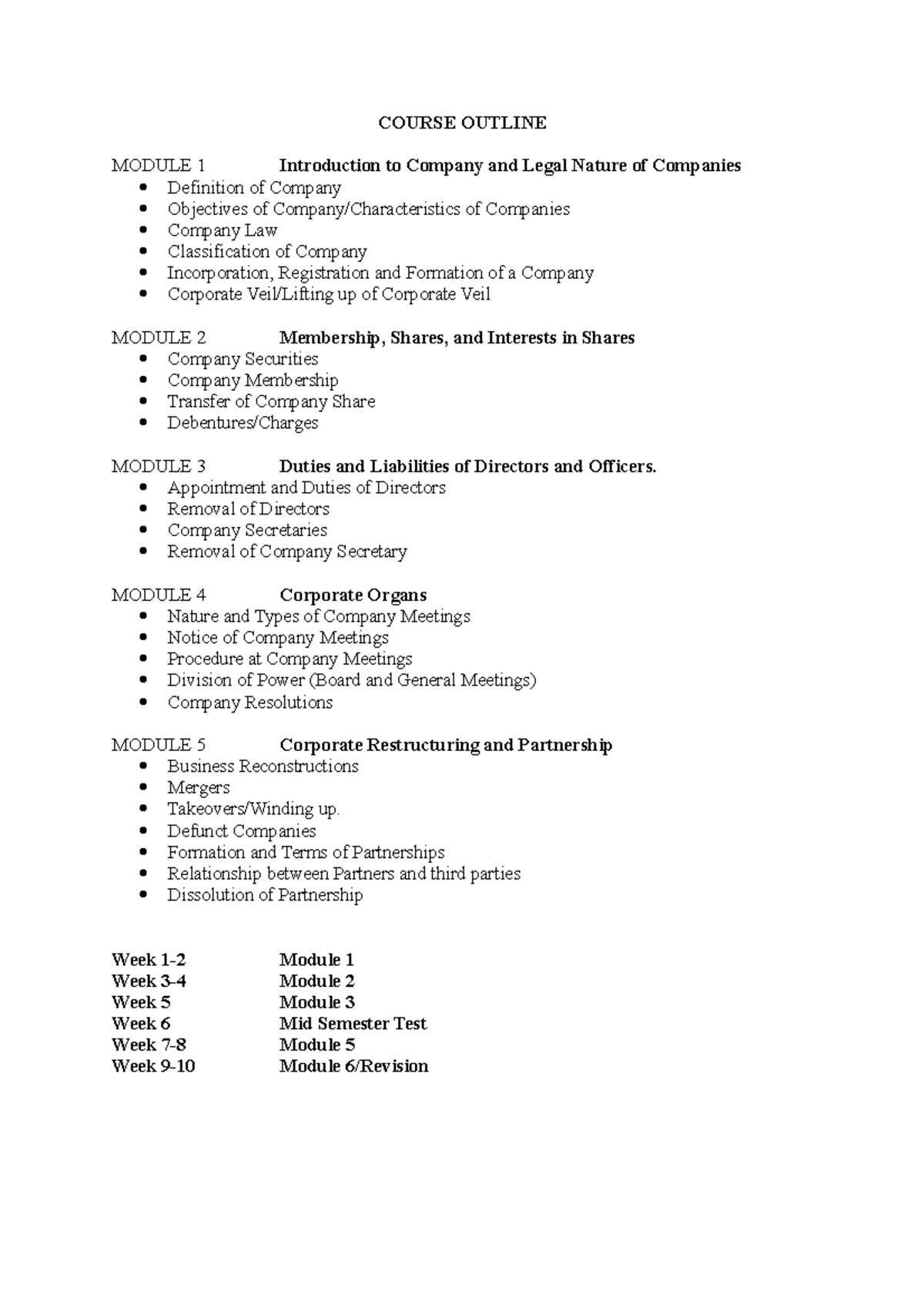Course Outline for Comp. Law - COURSE OUTLINE MODULE 1 Introduction to Company and Legal Nature ...