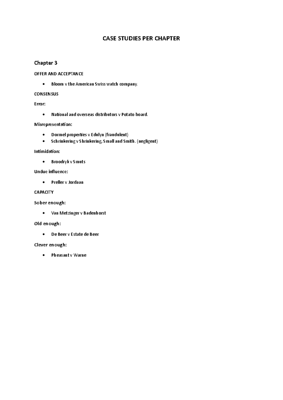 CASE Studies PER Chapter - CASE STUDIES PER CHAPTER Chapter 3 OFFER AND ACCEPTANCE Bloom v the ...