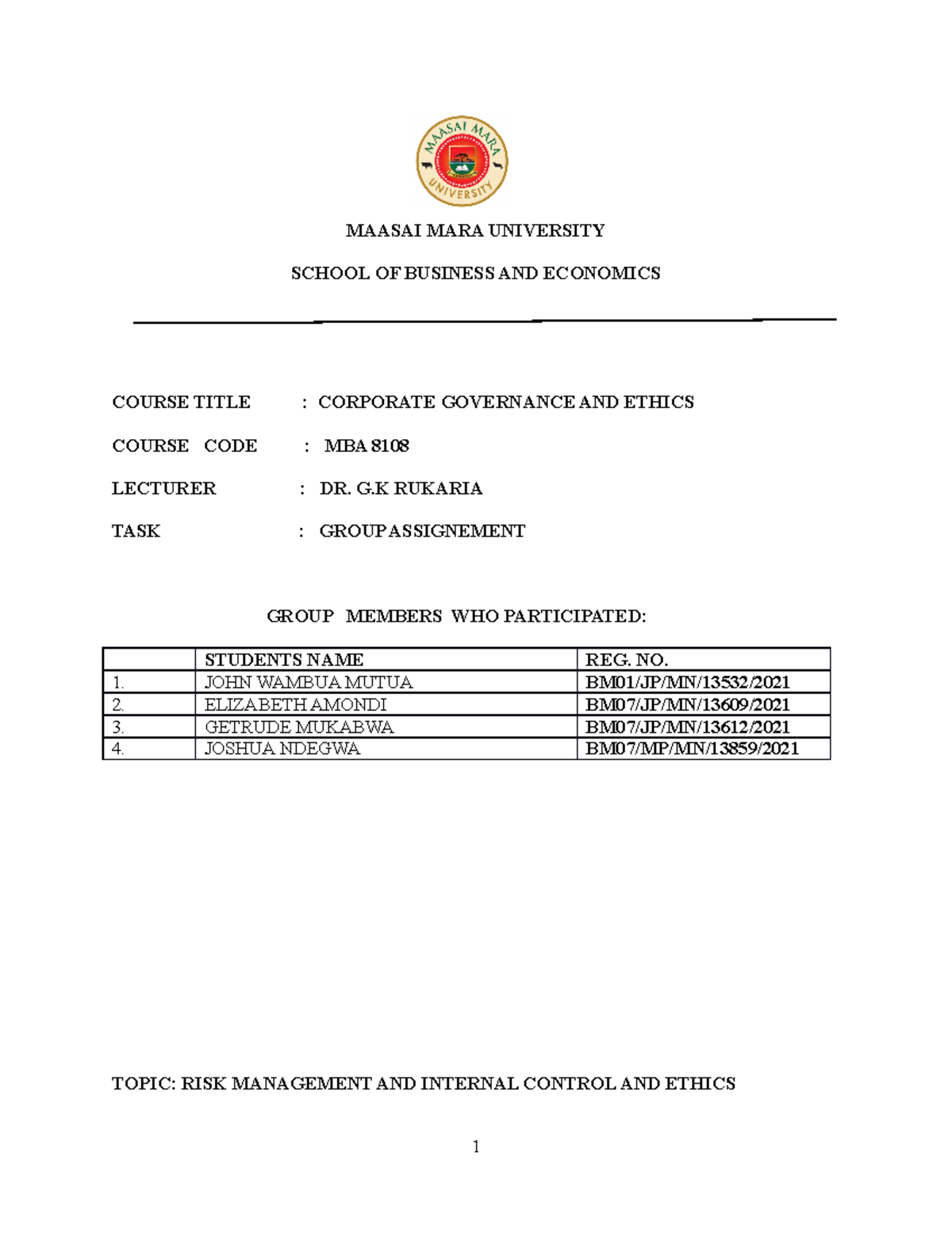 Adjusted Risk Management Assignment grp 2 - MAASAI MARA UNIVERSITY SCHOOL OF BUSINESS AND ...