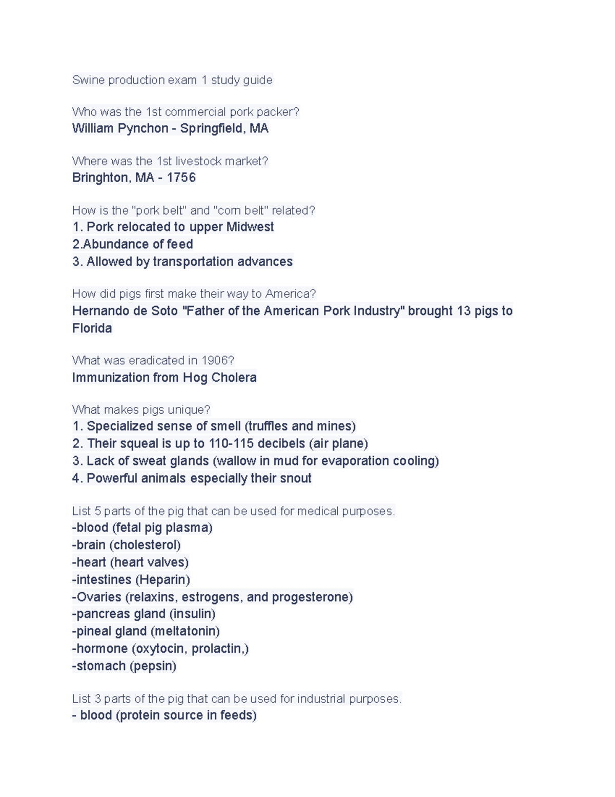 Swine prod - Flint - Exam 1 - Swine production exam 1 study guide Who ...