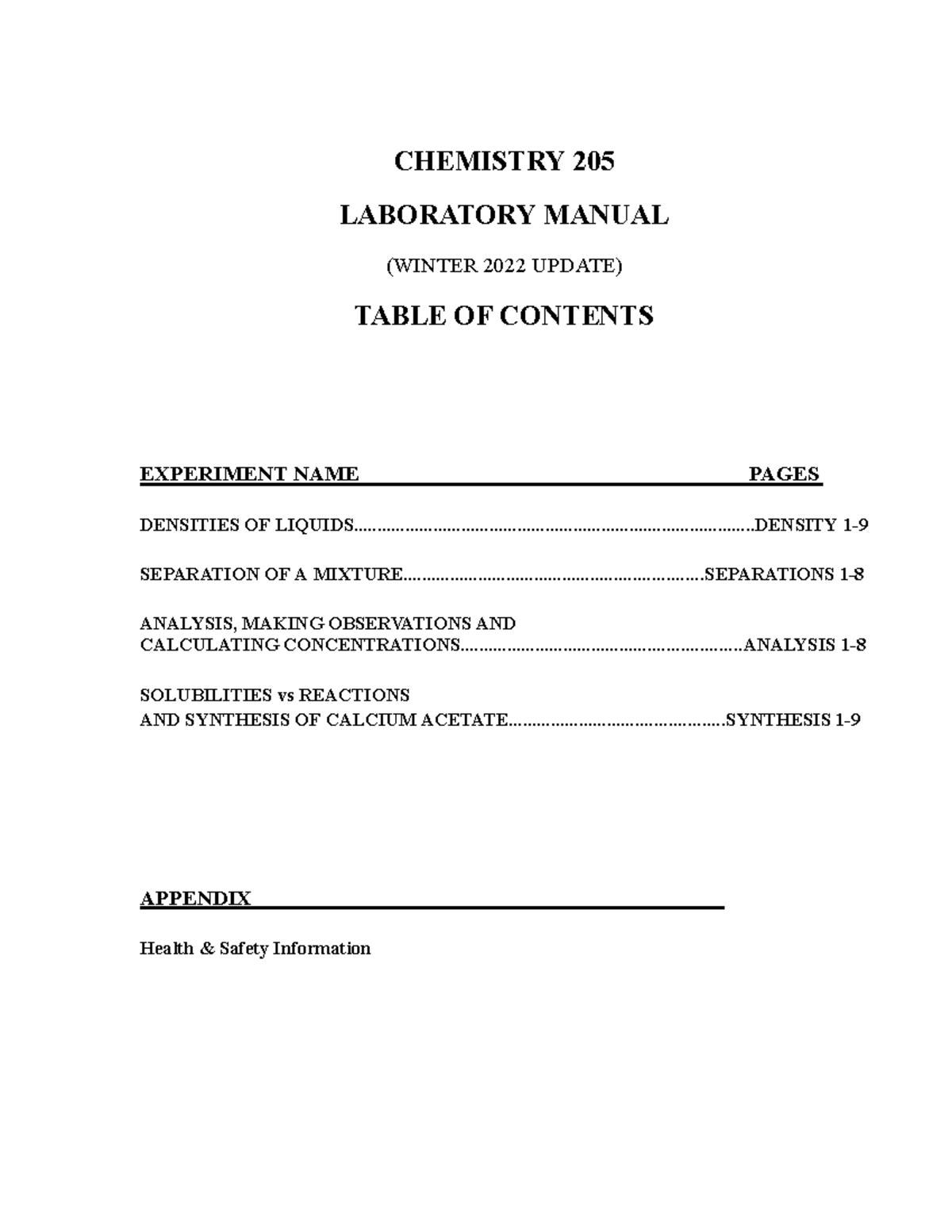 CHEM205 labmanual all Winter 2022 update - CHEMISTRY 205 LABORATORY ...