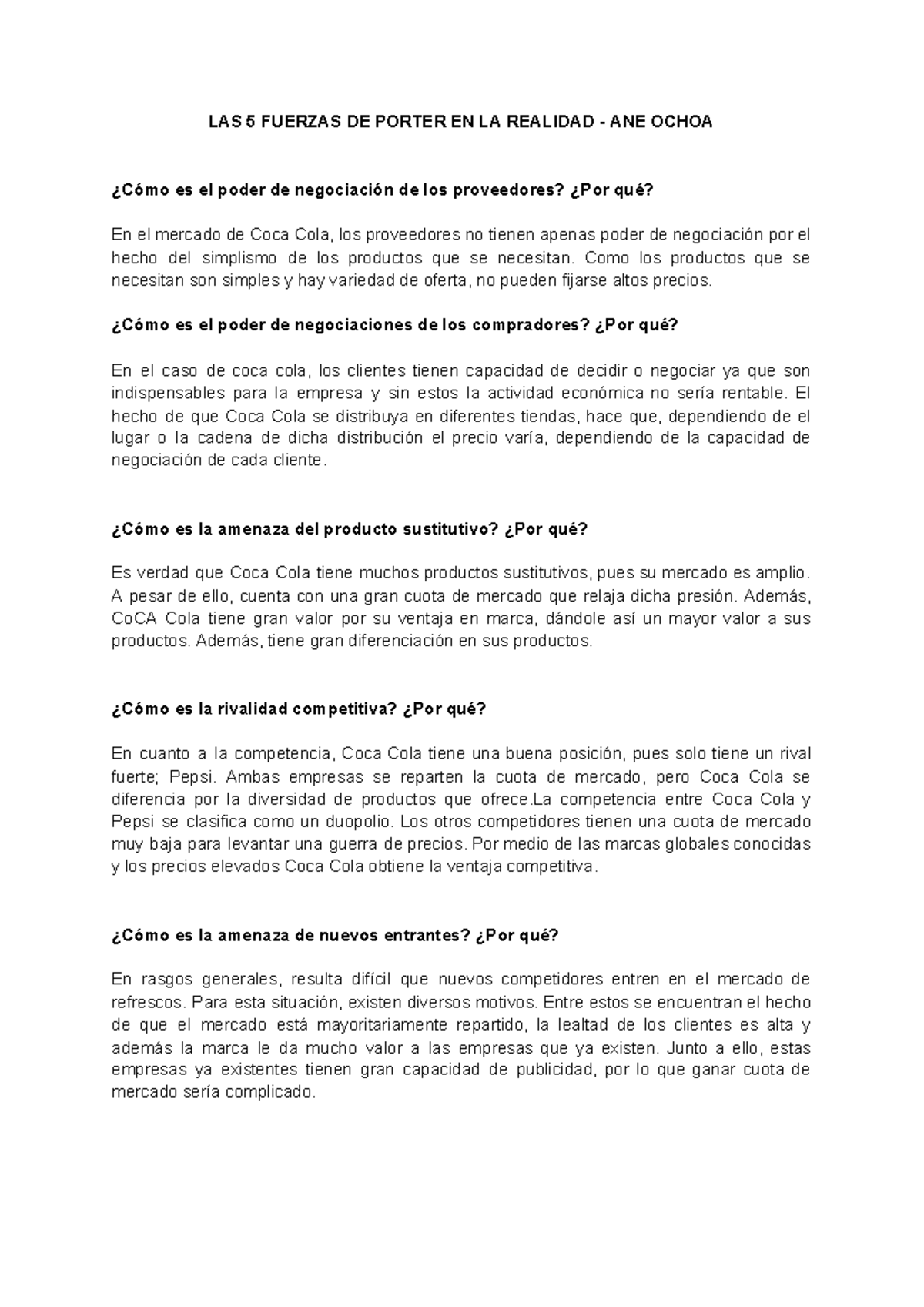 Actividad Coca Cola - LAS 5 FUERZAS DE PORTER EN LA REALIDAD - ANE ...