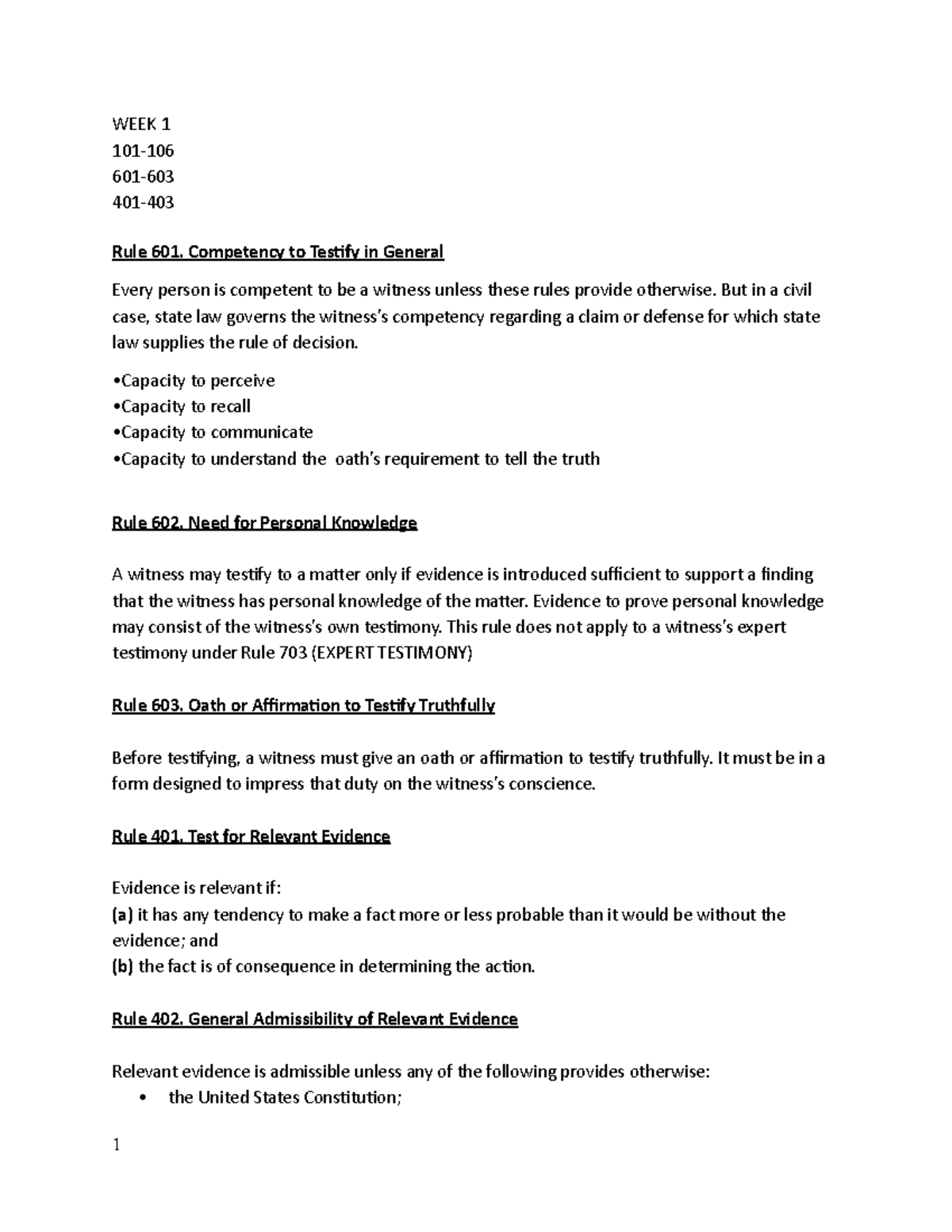 Rules of Evidence explanations with cases examples - WEEK 1 101- 601 ...