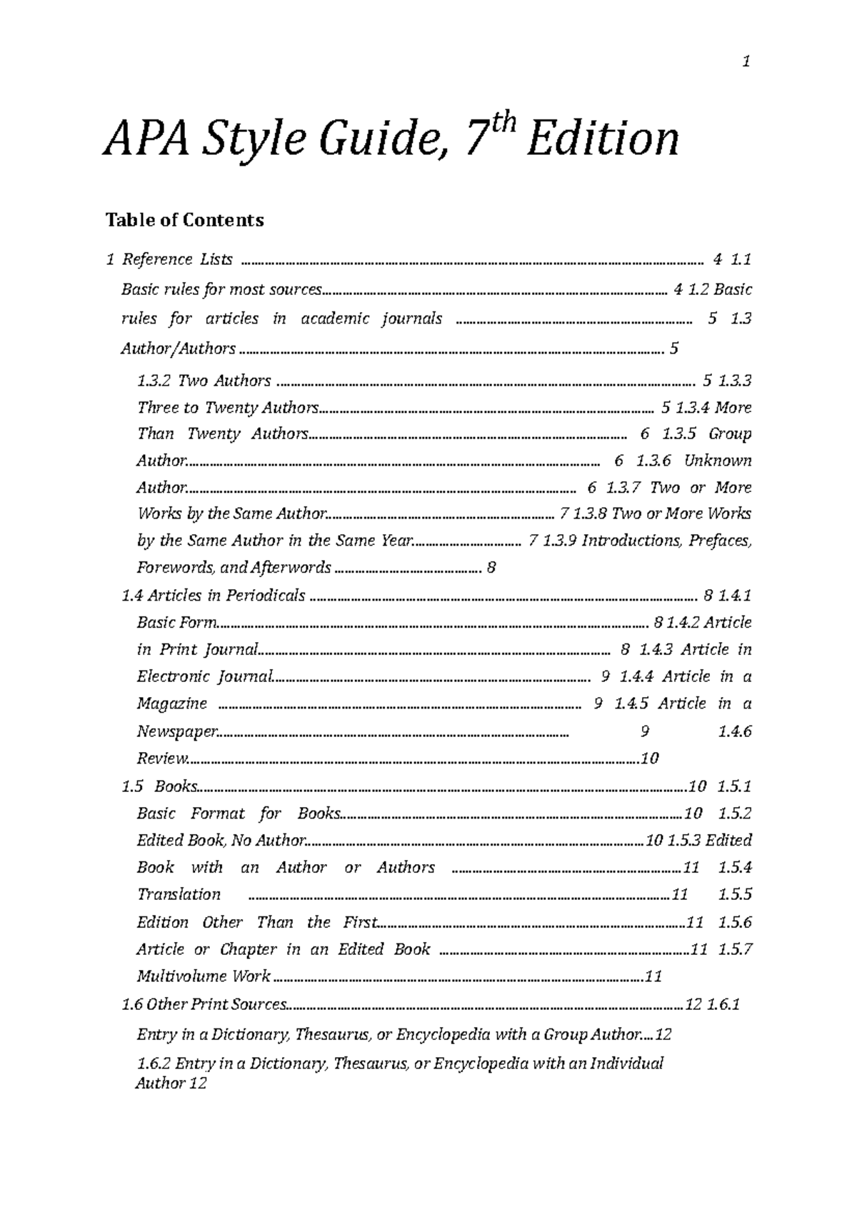 Apa 7 Style Guide - March 3 21 - 1 Apa Style Guide, 7 Th Edition Table