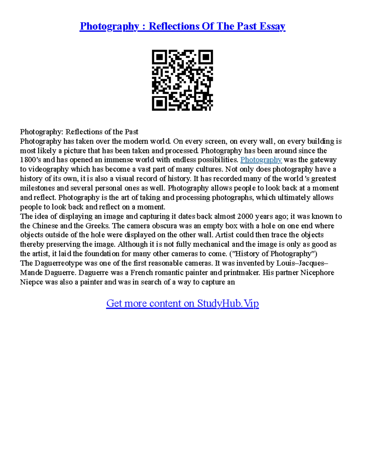 Photography Essay Example - Photography : Reflections Of The Past Essay ...