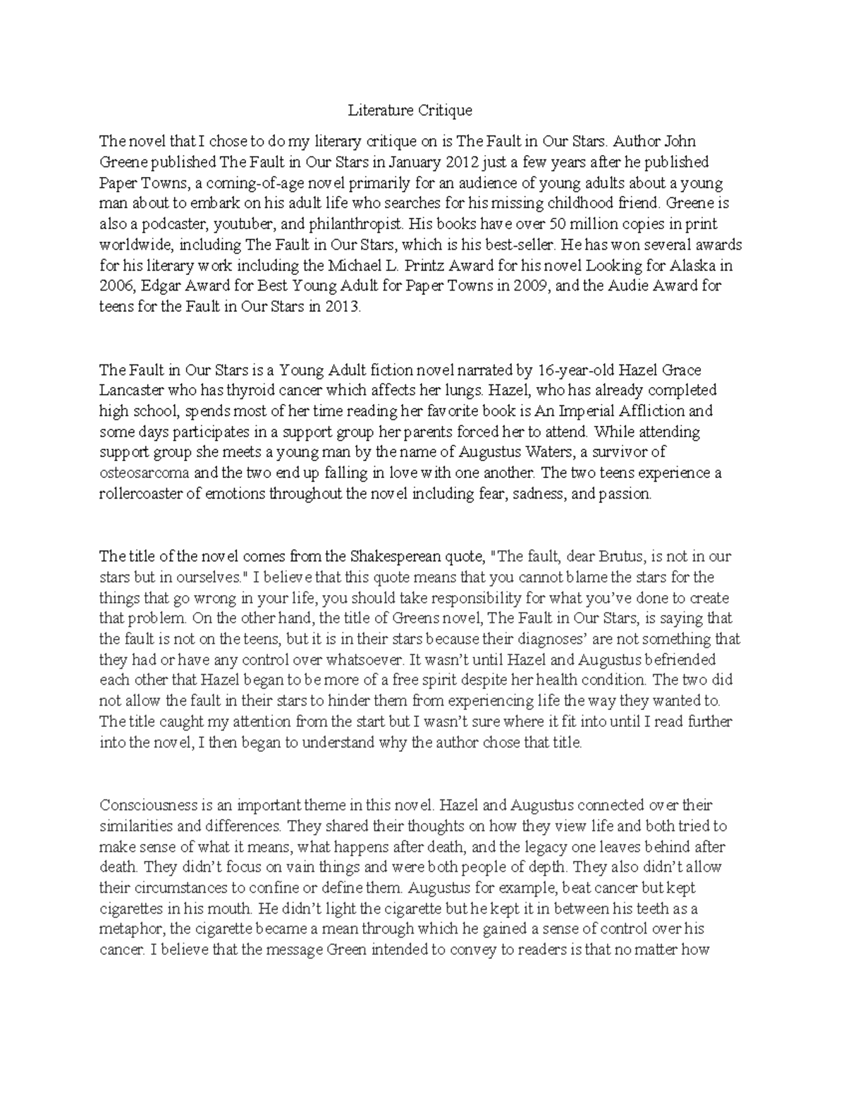 Literature critique - Literature Critique The novel that I chose to do ...