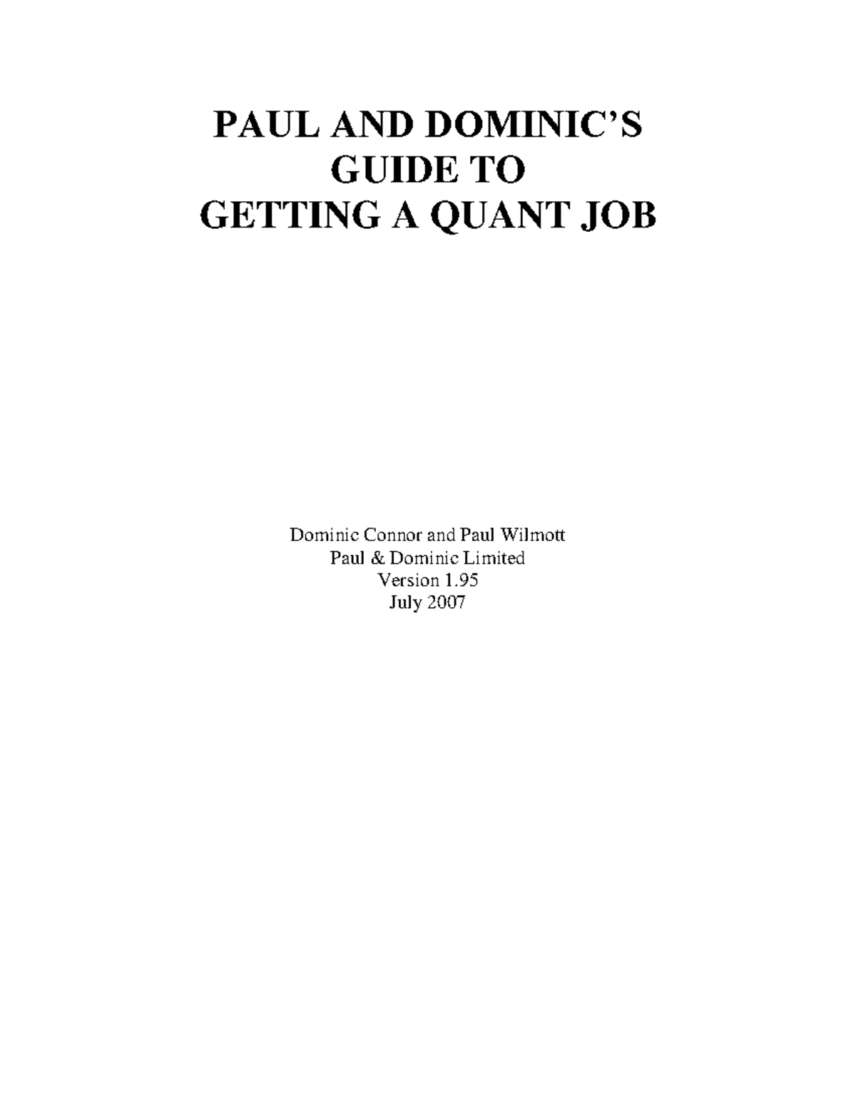 Guide to Quant Job - PAUL AND DOMINIC’S GUIDE TO GETTING A QUANT JOB ...