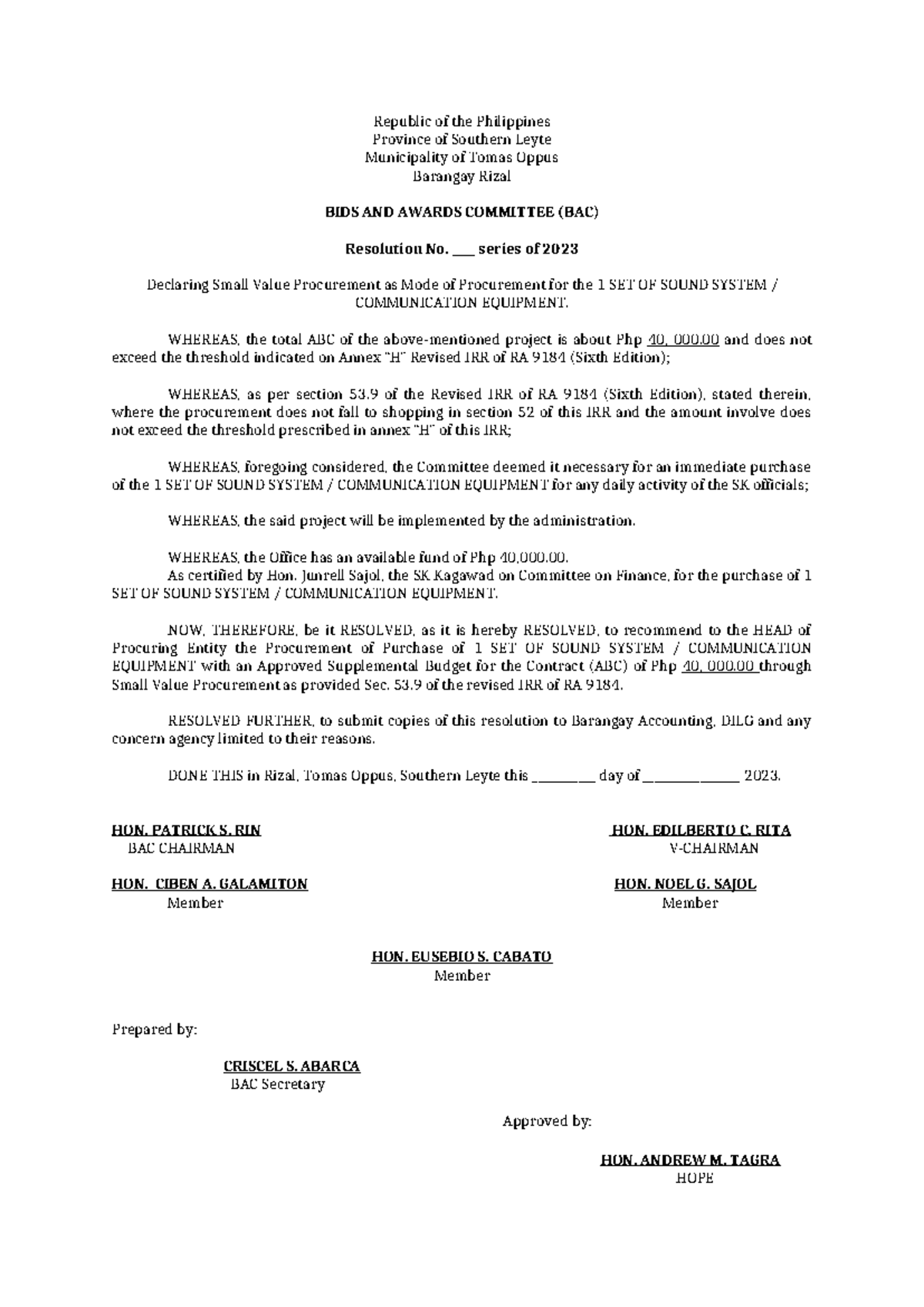 BAC-Resolution - FOR SAMPLE ONLY - Republic of the Philippines Province ...